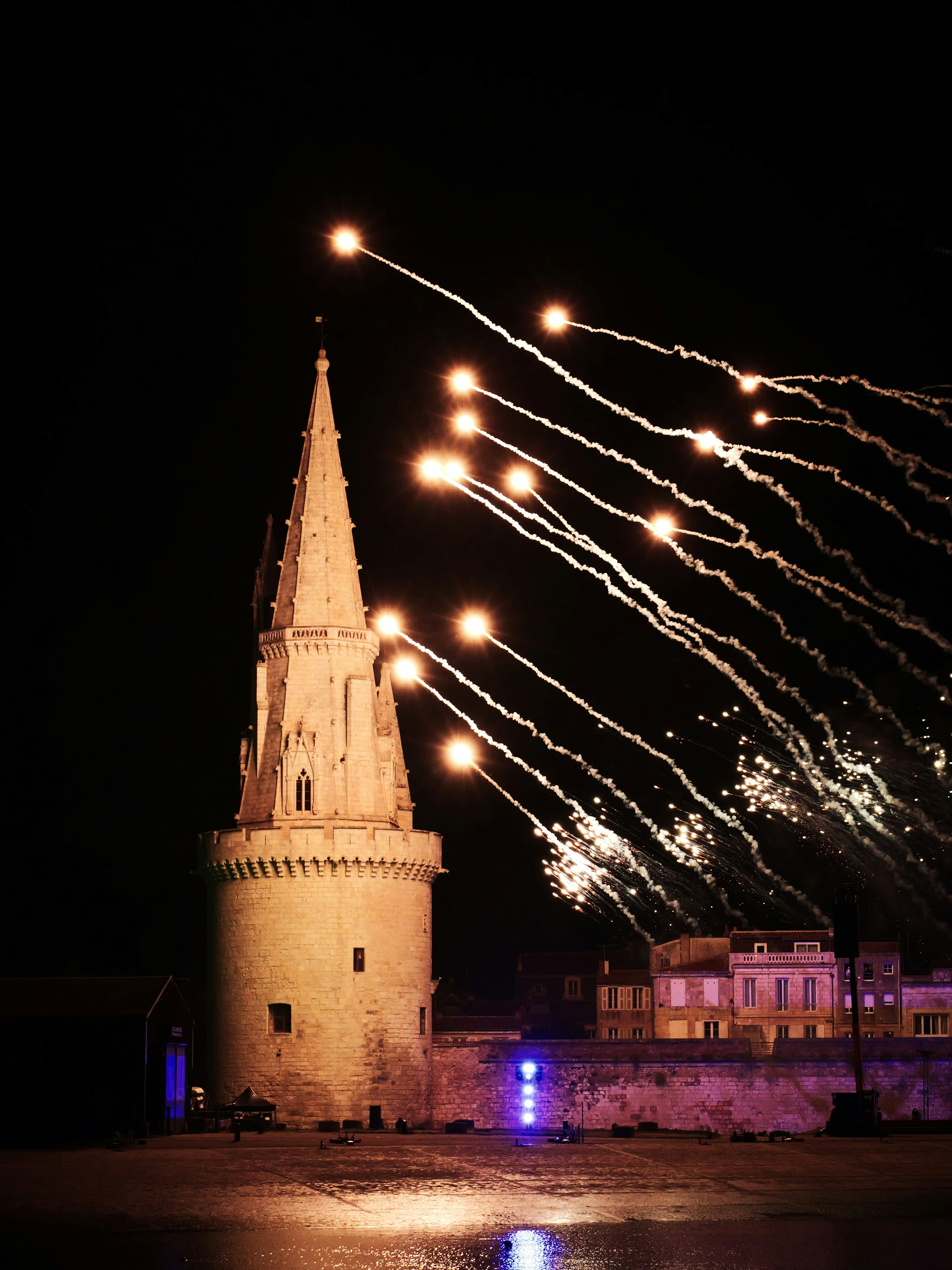 Firework Arches Over a Fortress Tower