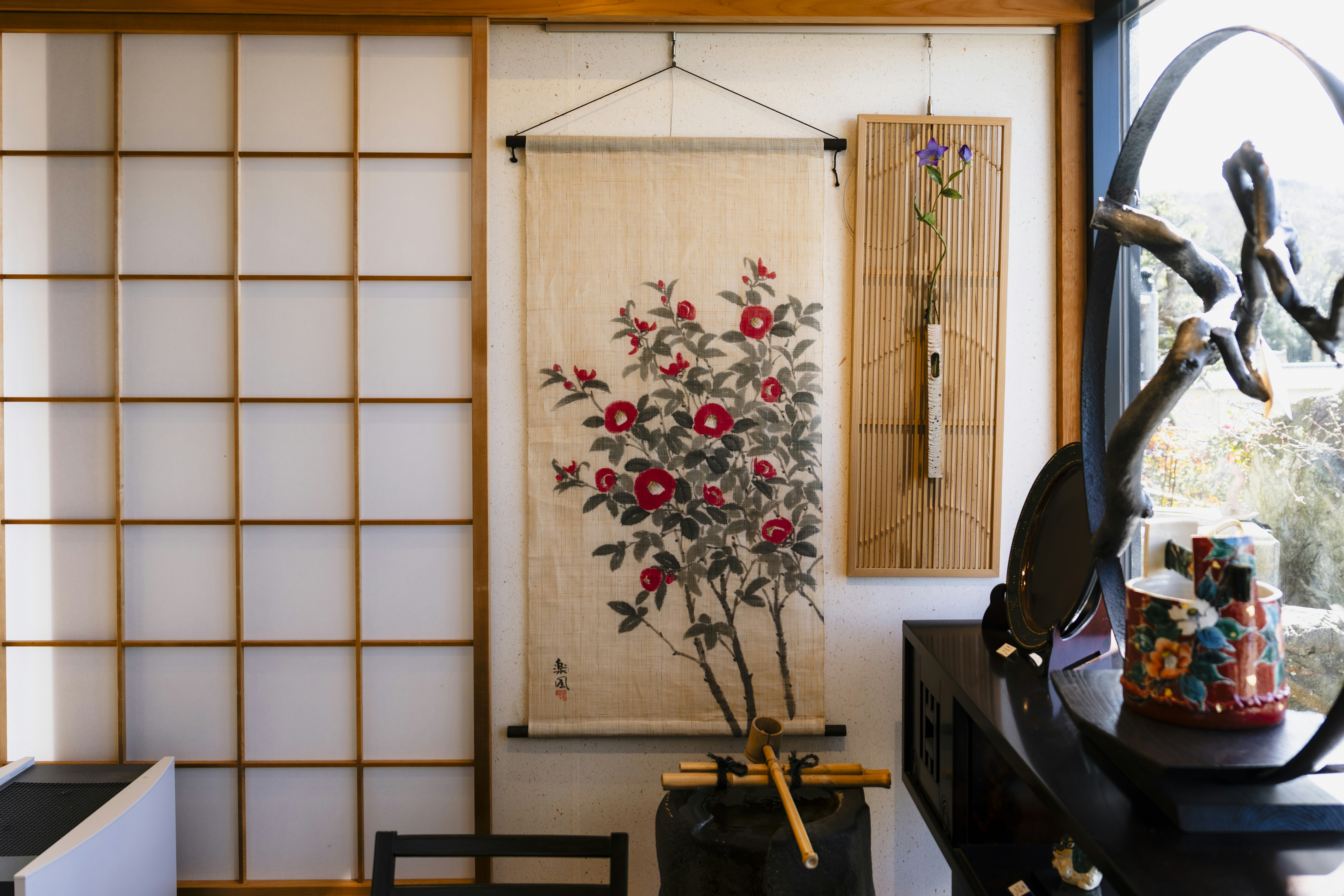 Cherry Blossom Scroll Framed by Minimalist Japanese Interior