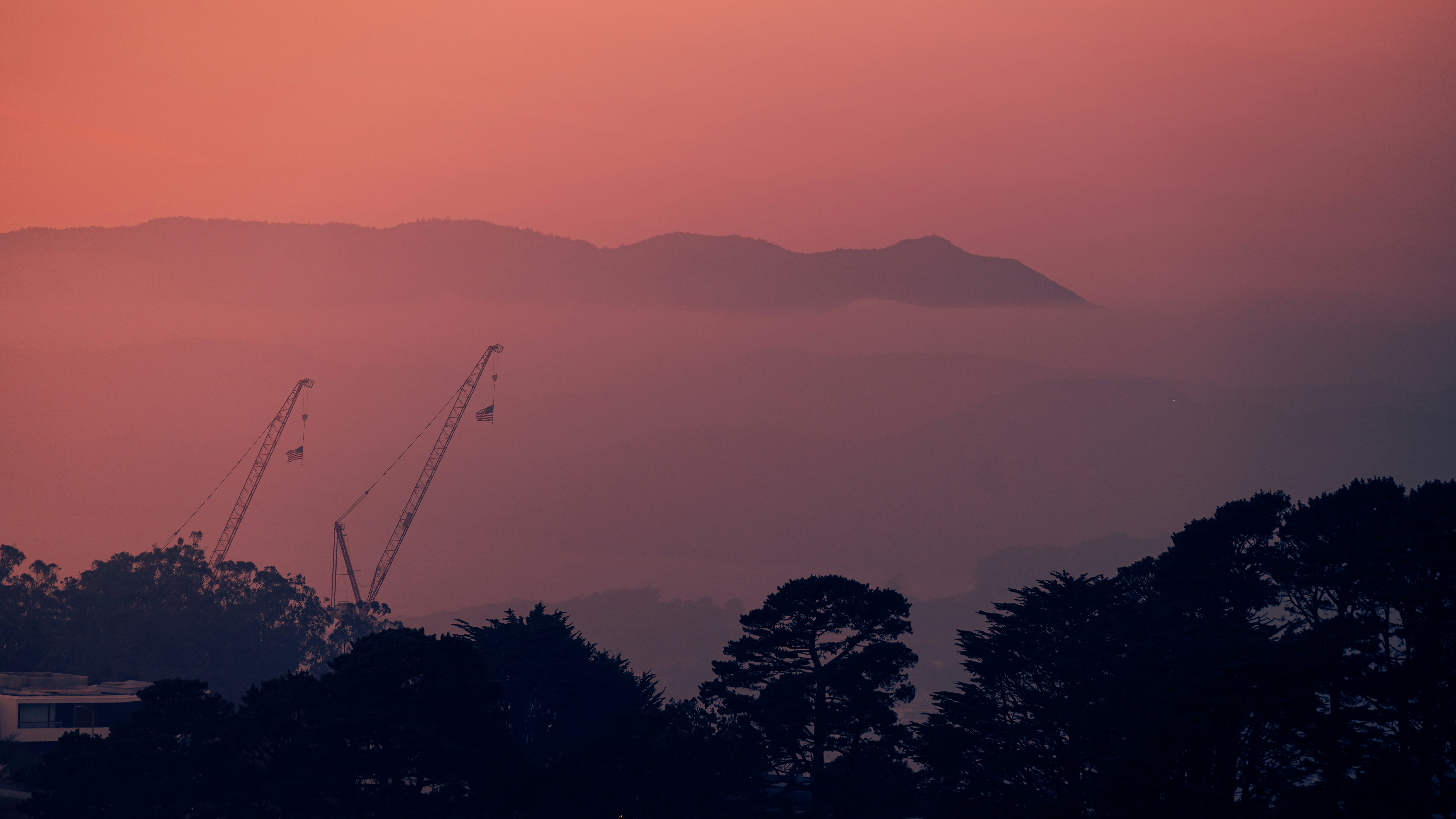 Amber Mist Over Ridge: Cranes at Dusk