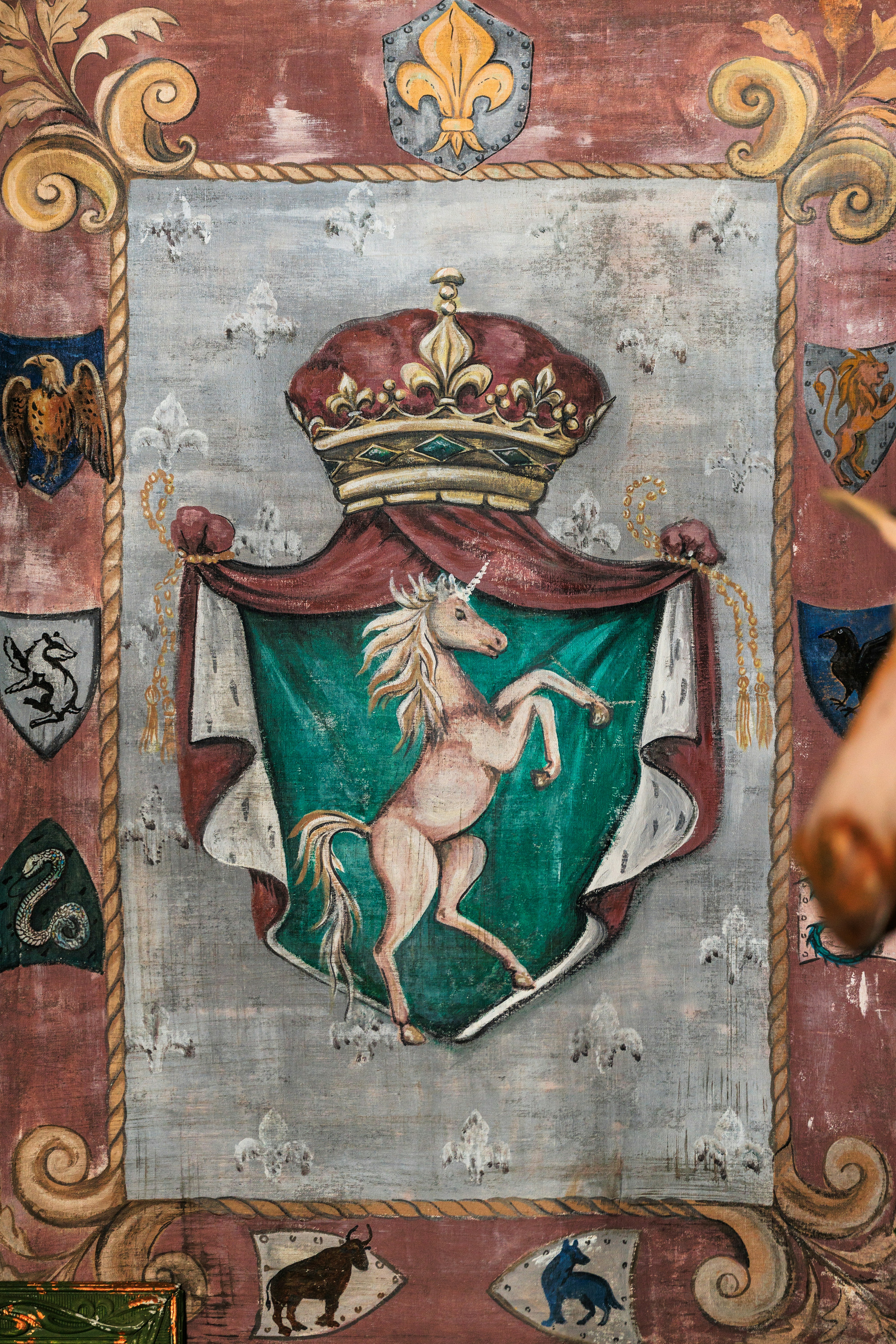 Heraldic Steed: A Regal Crest Painted on Aged Velvet