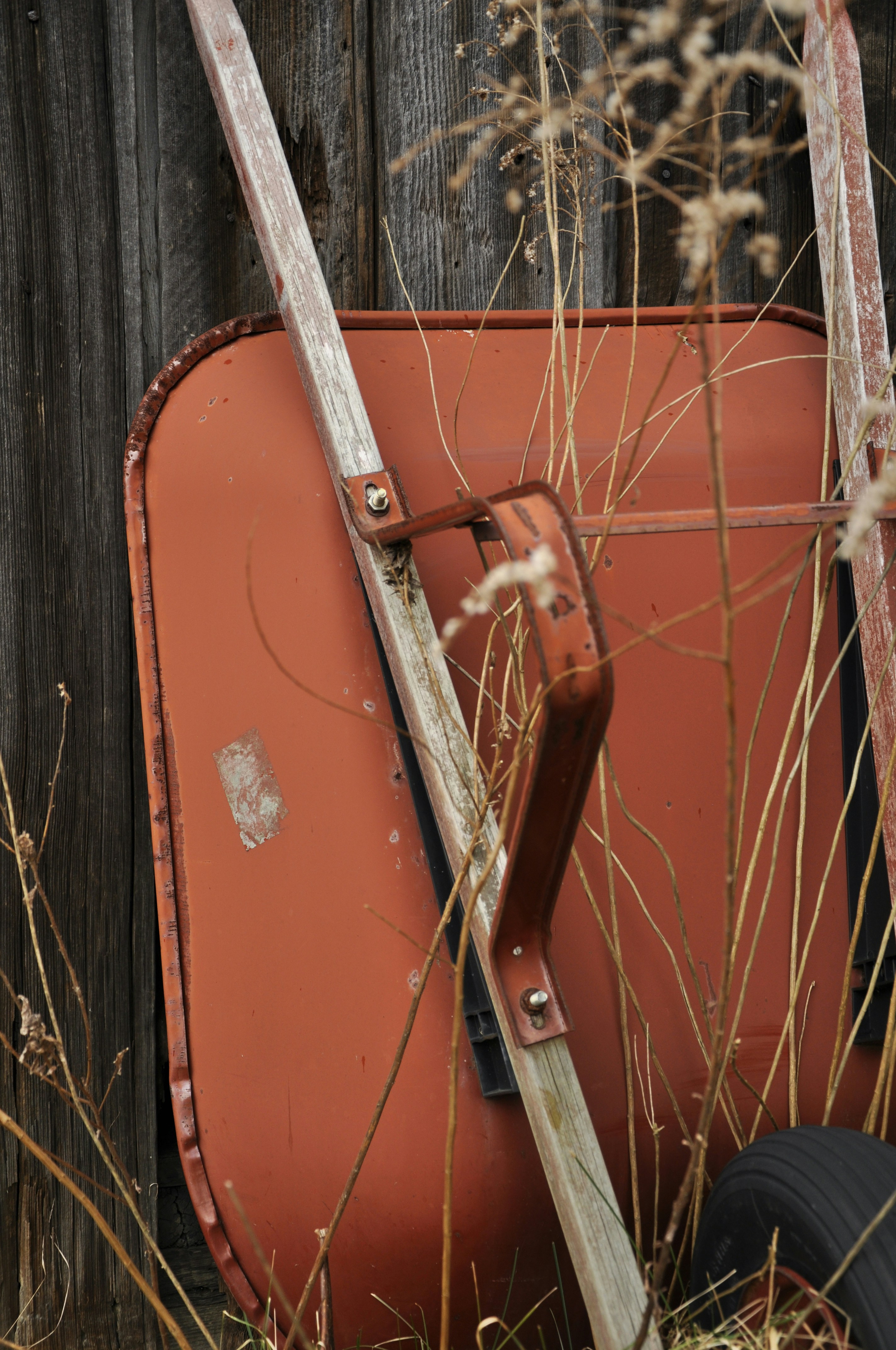 Rusty Roadside Tray: An Orange Metal Panel Breached by Weathered Wood and Untamed Grass