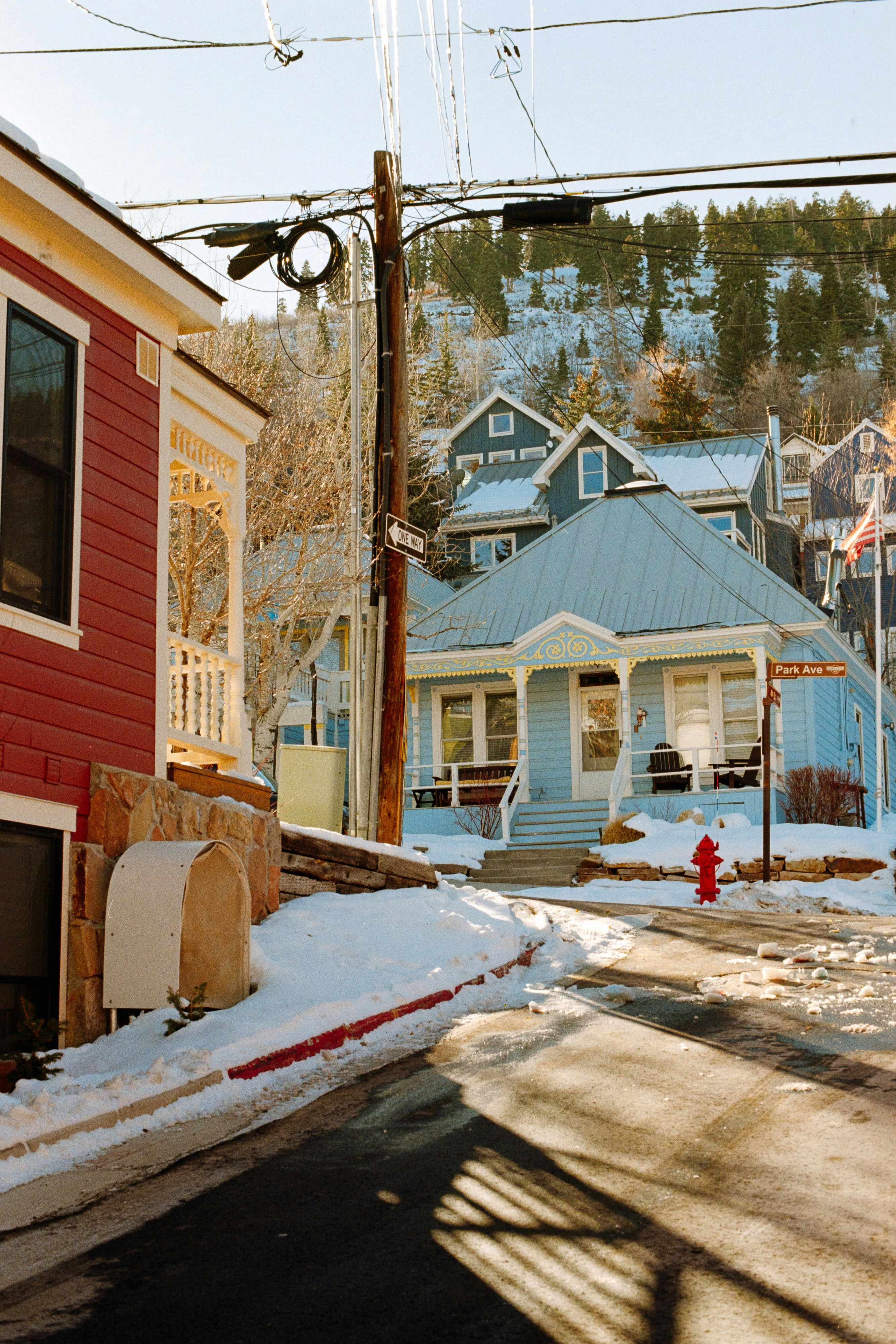 Snowy Main Street in a Rainbow of Victorian Colors