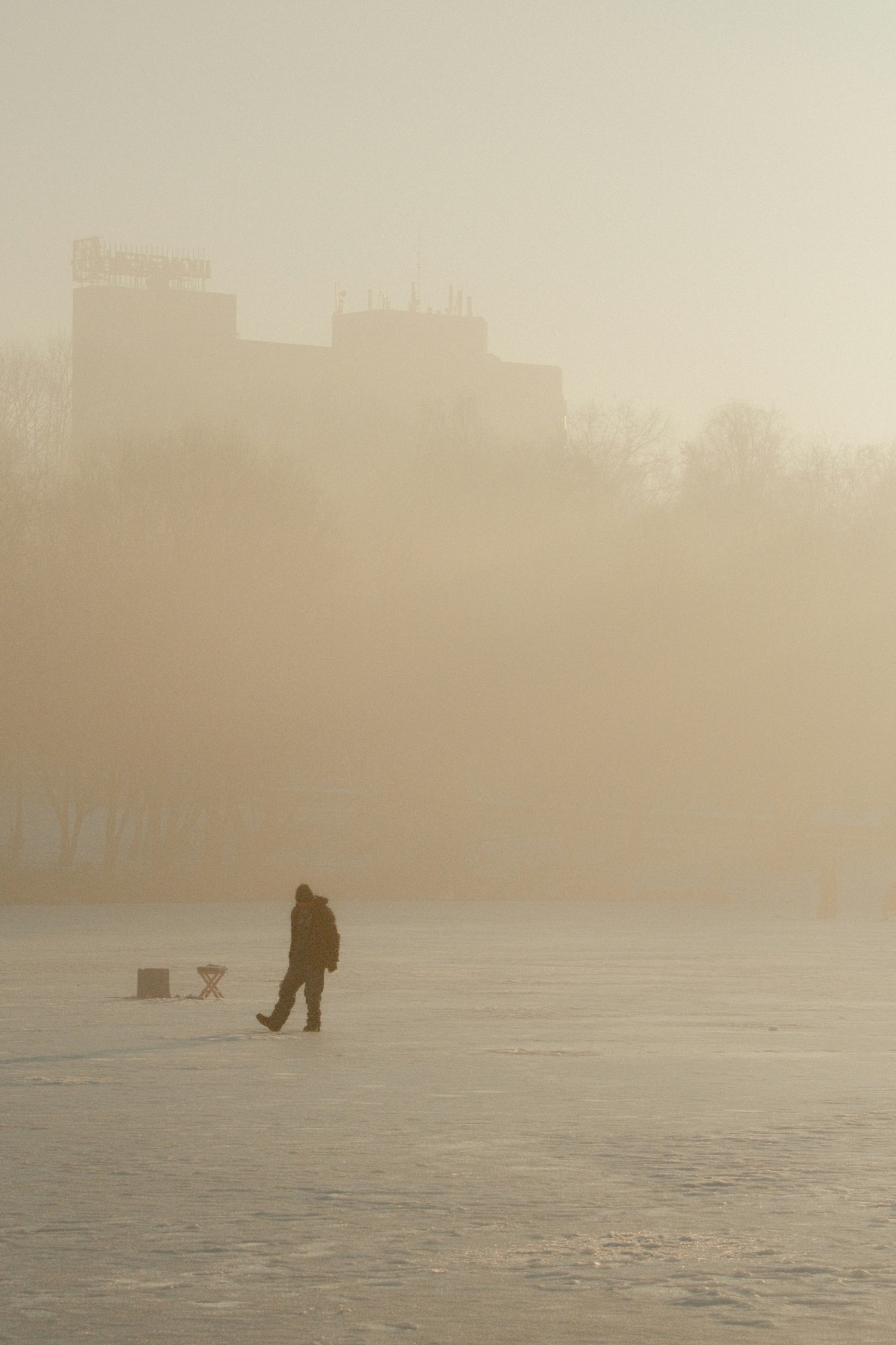 Mistlit Walker on a Blanketed Pond