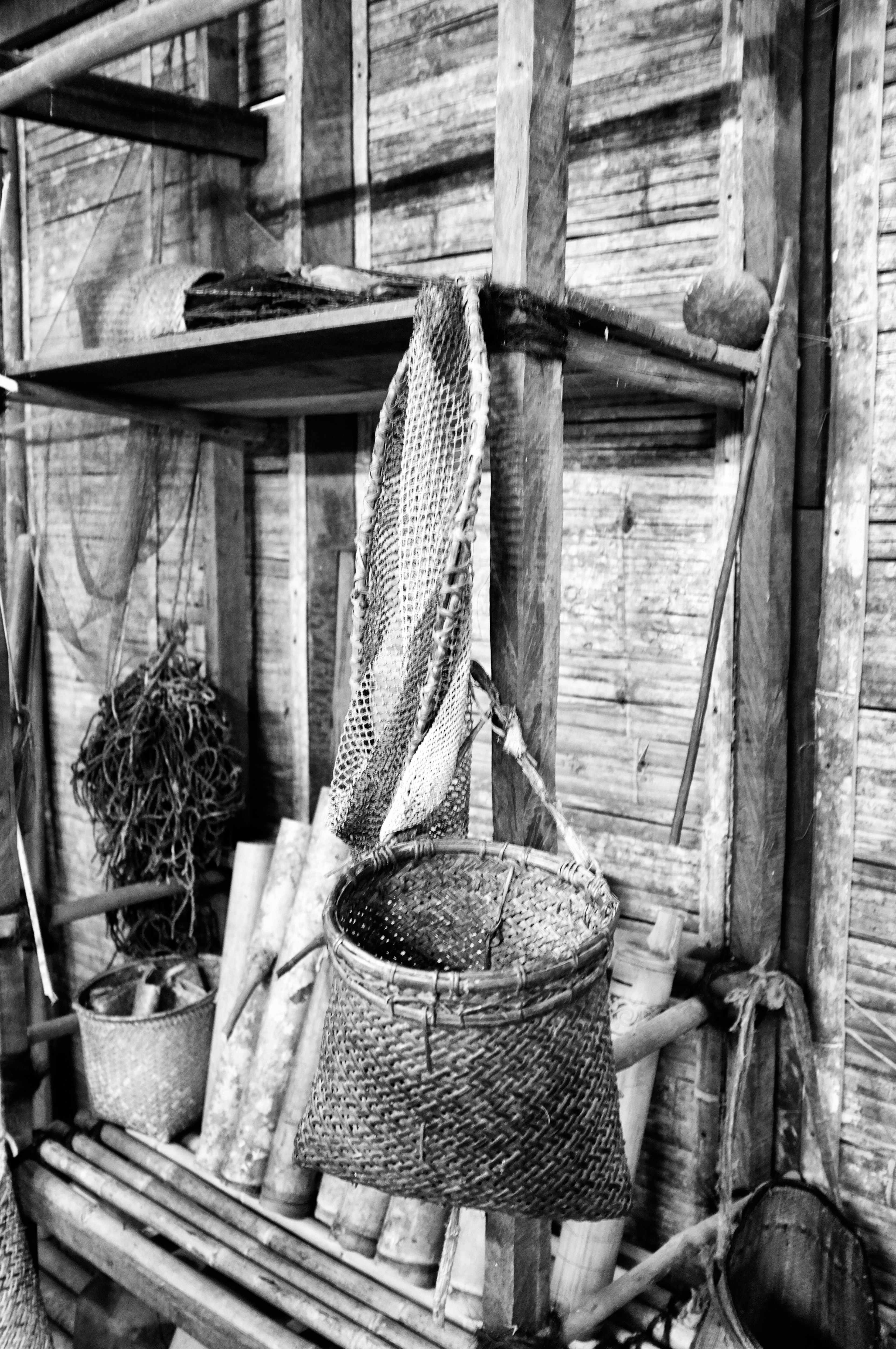 Woven Basket and Rustic Tools in a Barn Nook