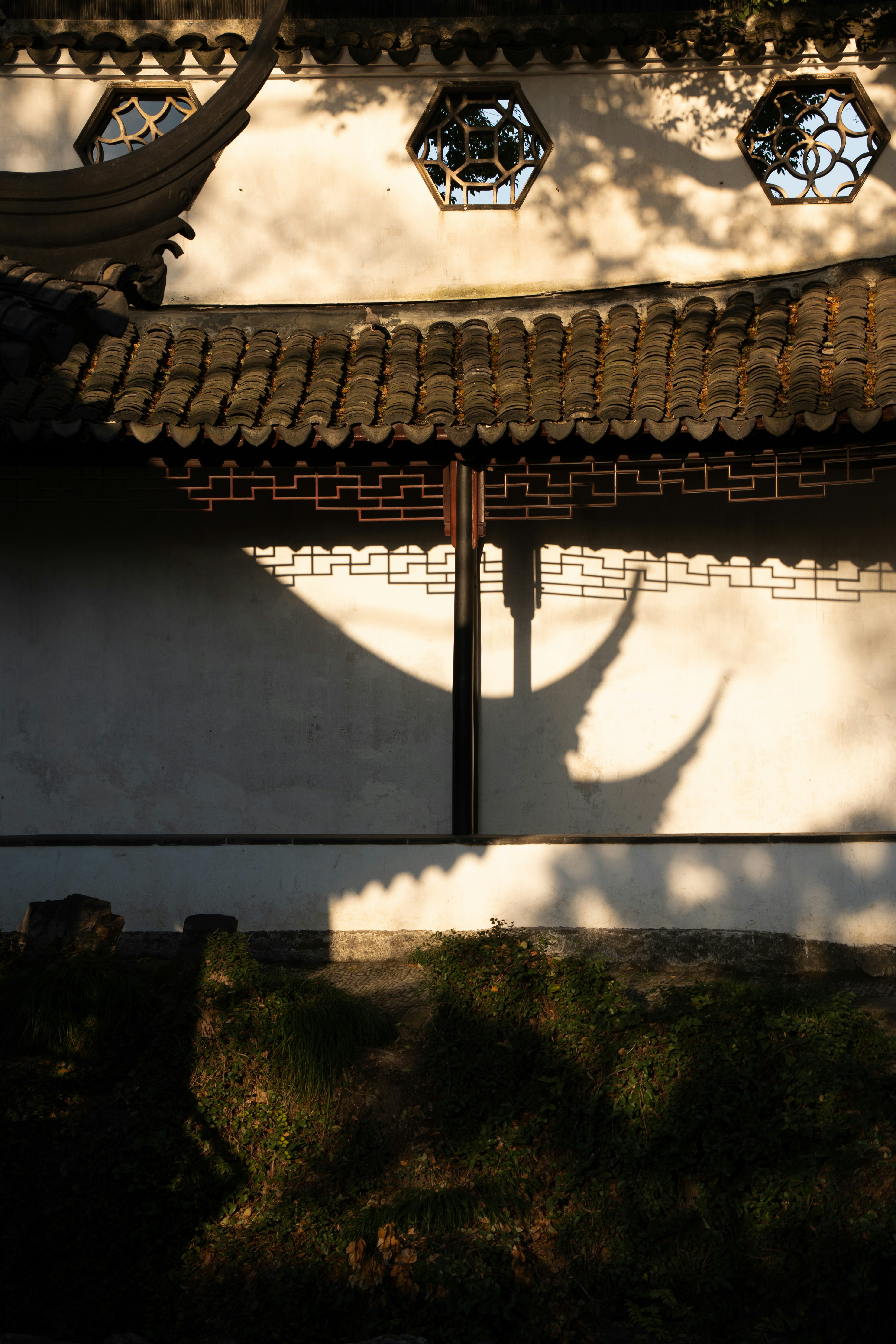 Shadowed Lattice and Eave: Quiet Tension on a Traditional Wall