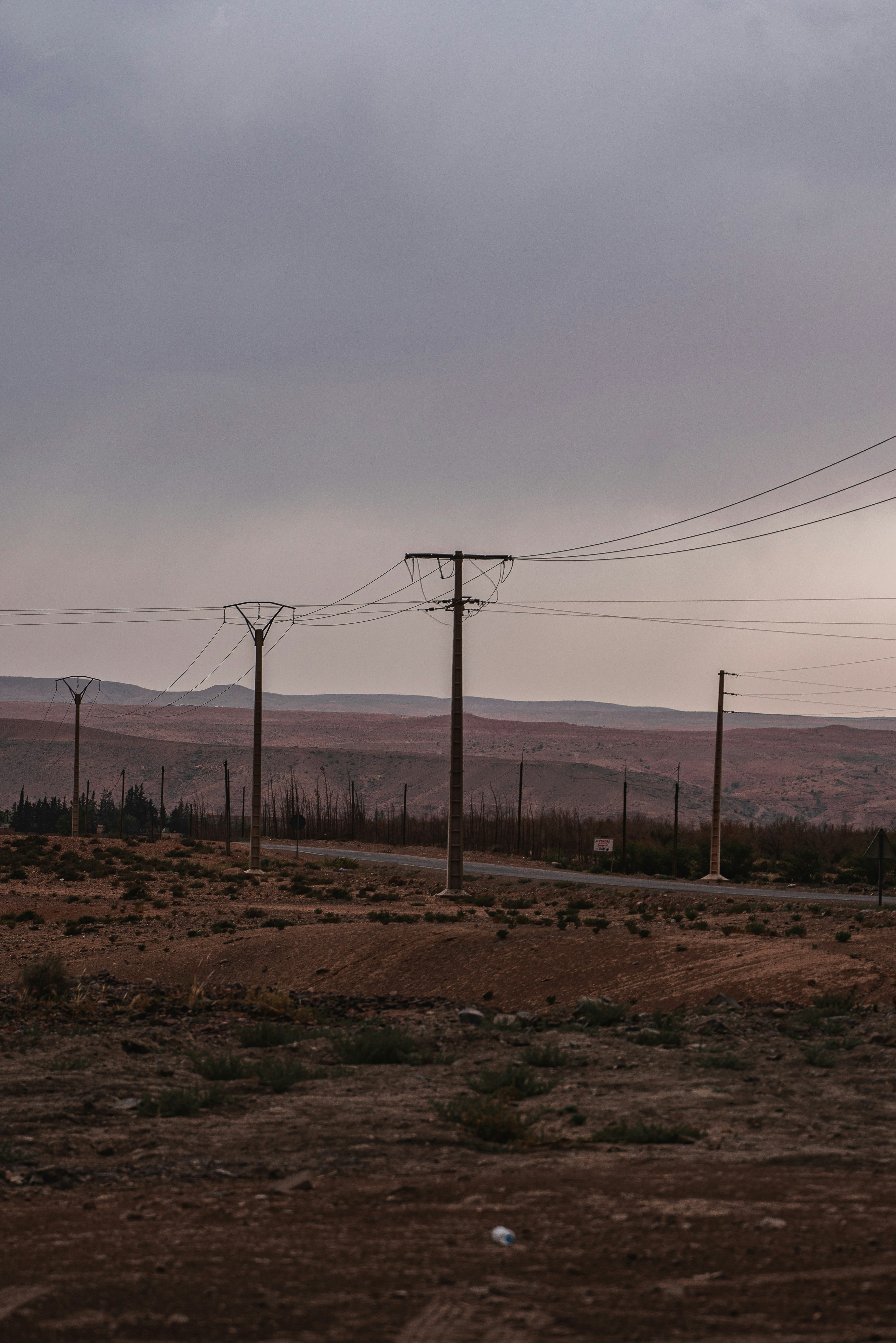 Desert Horizon: Power Lines Thread Through a Quiet, Dusty Plain