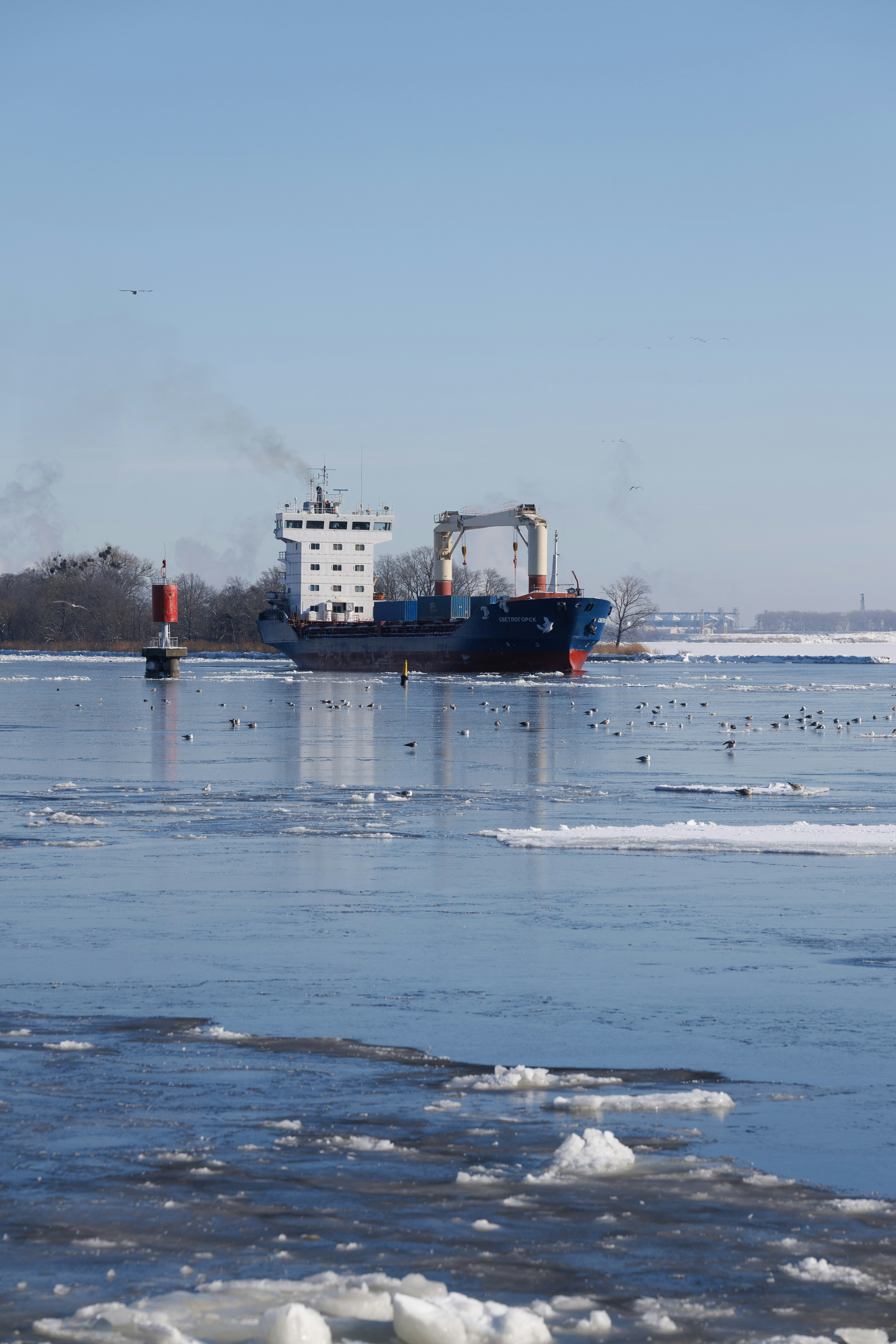 Icebound Freighter Braving Winter Waters
