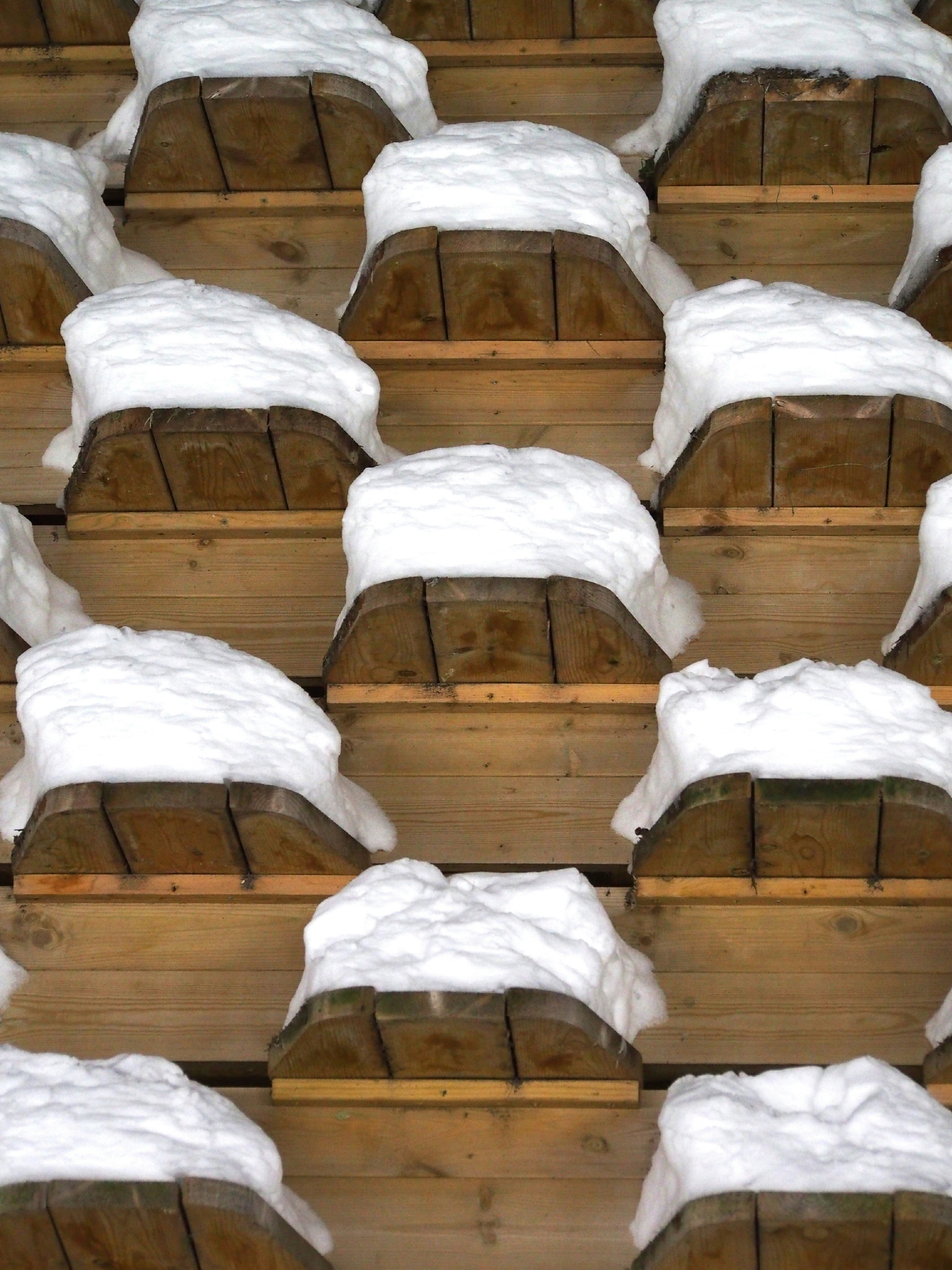 Snow-Capped Wooden Steps: Repeating Nature in Winter Light