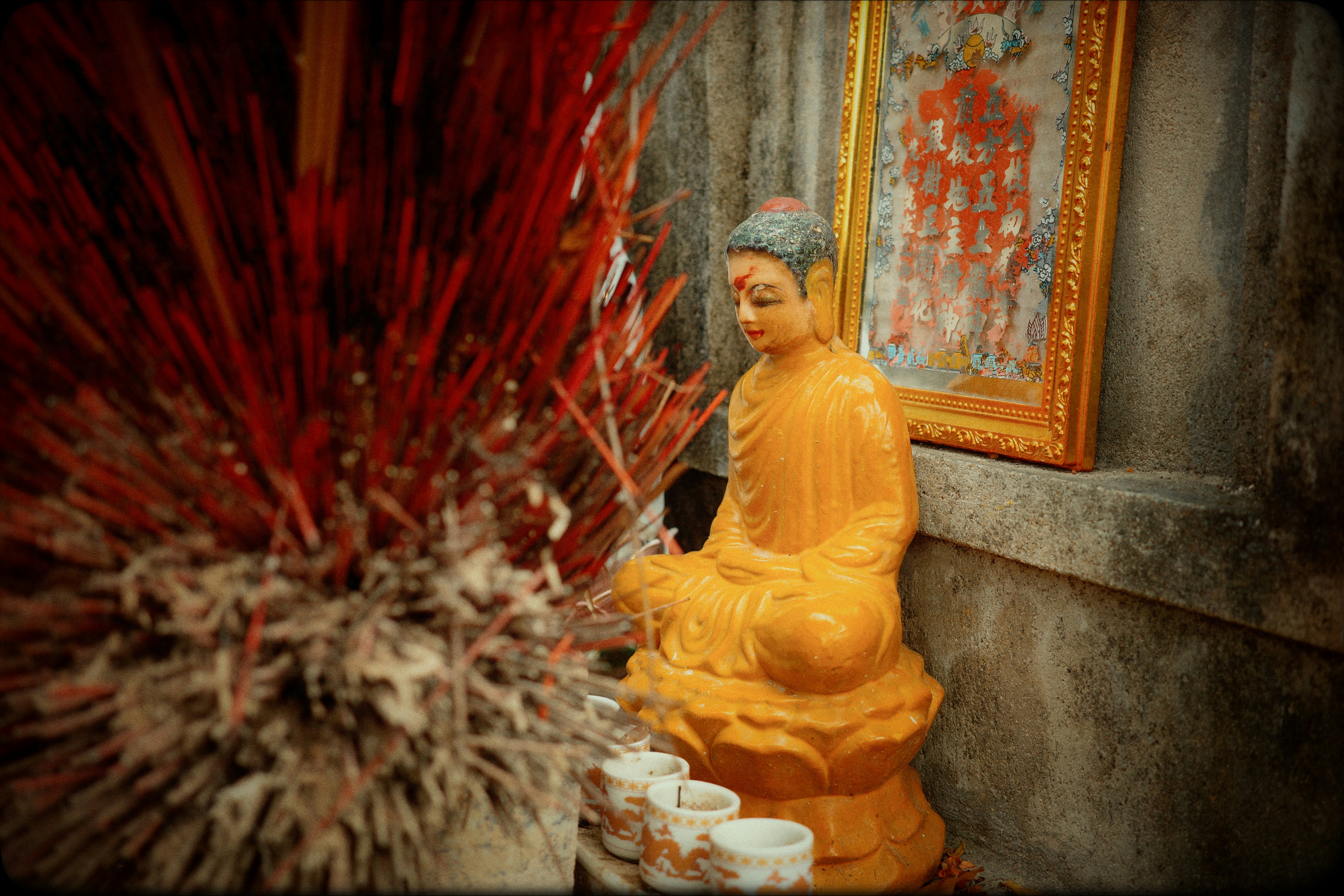 Golden Buddha Amidst Crimson Pines