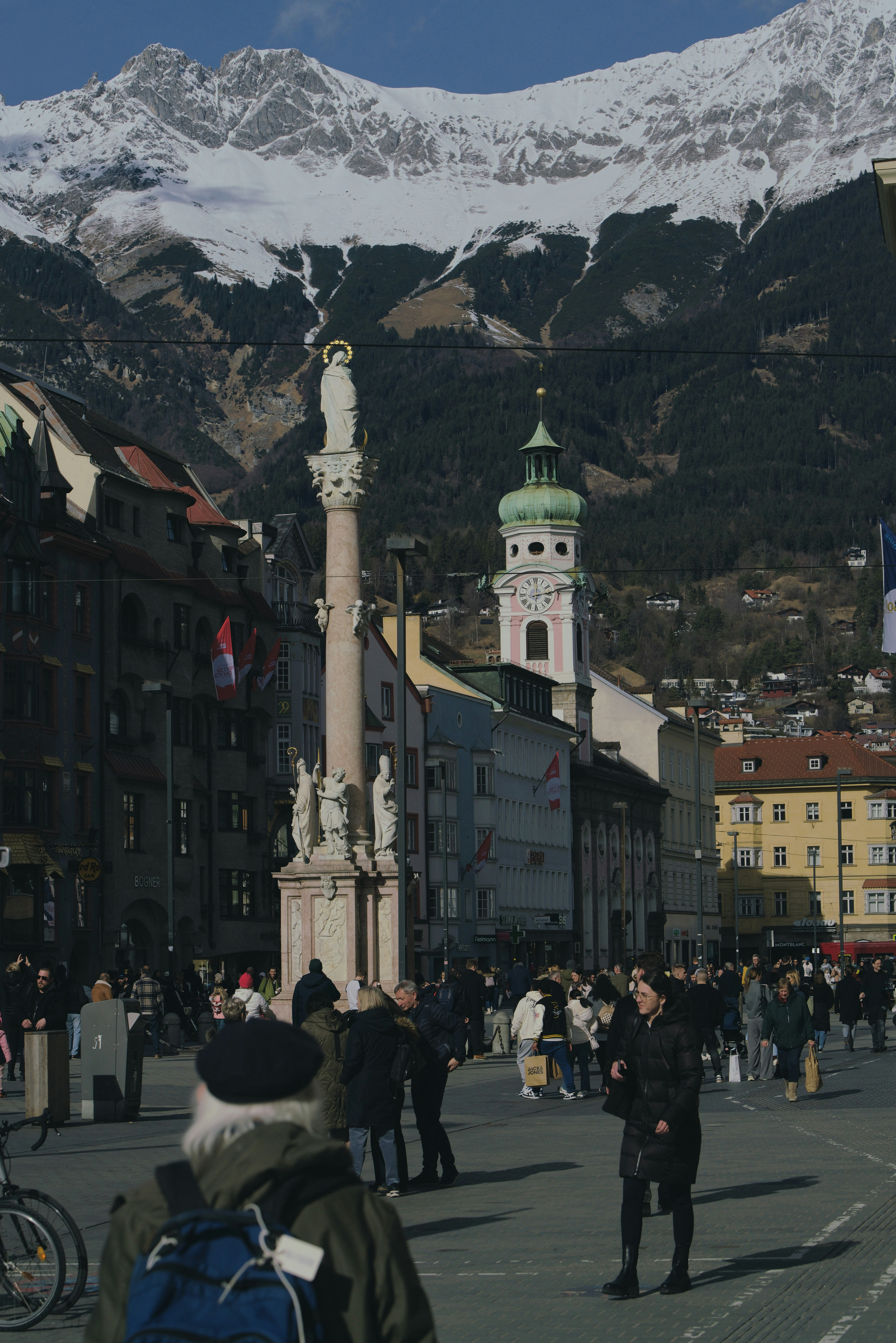 Village Square Under Alpine Peaks