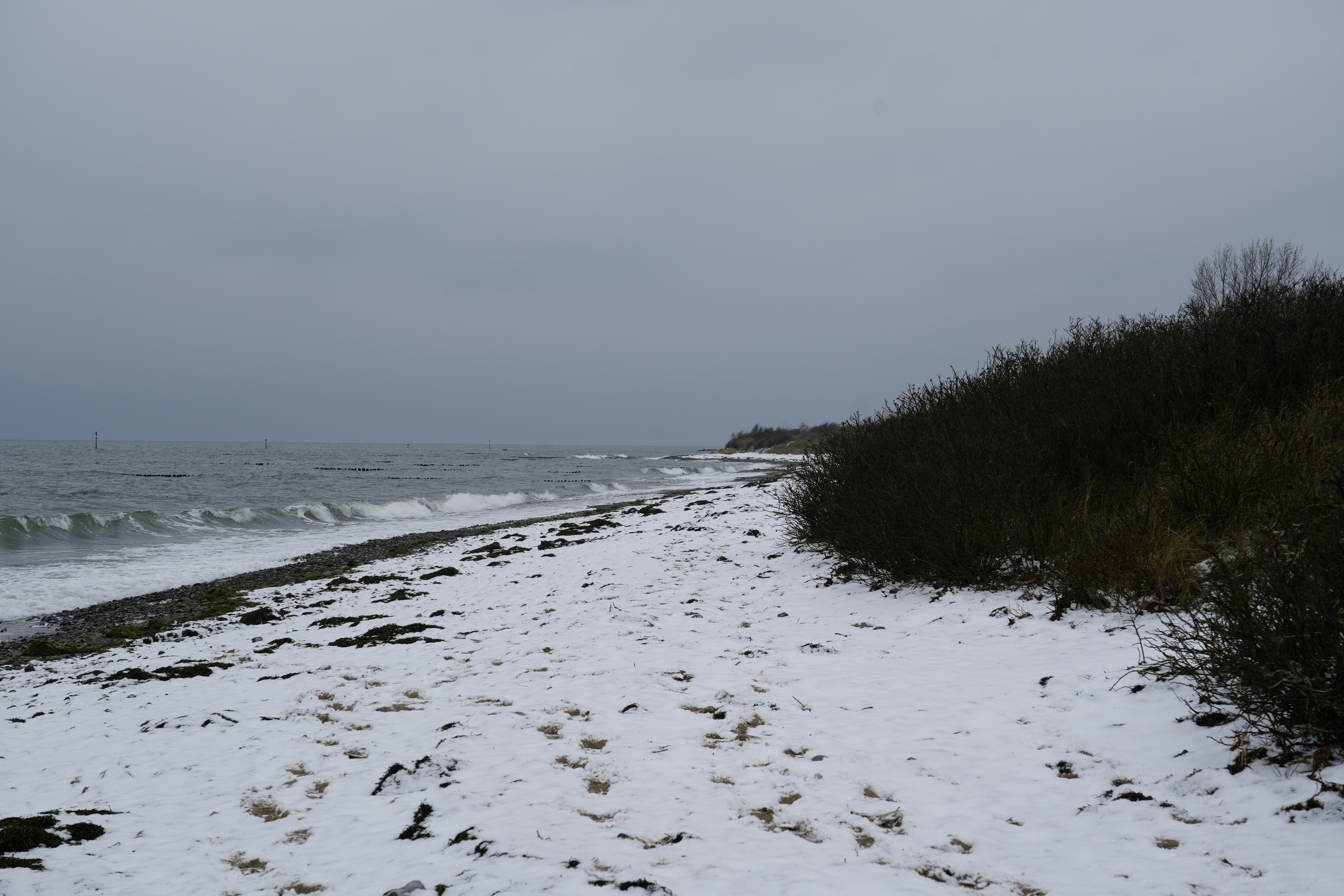 Snowbound Shoreline Under Overcast Sky