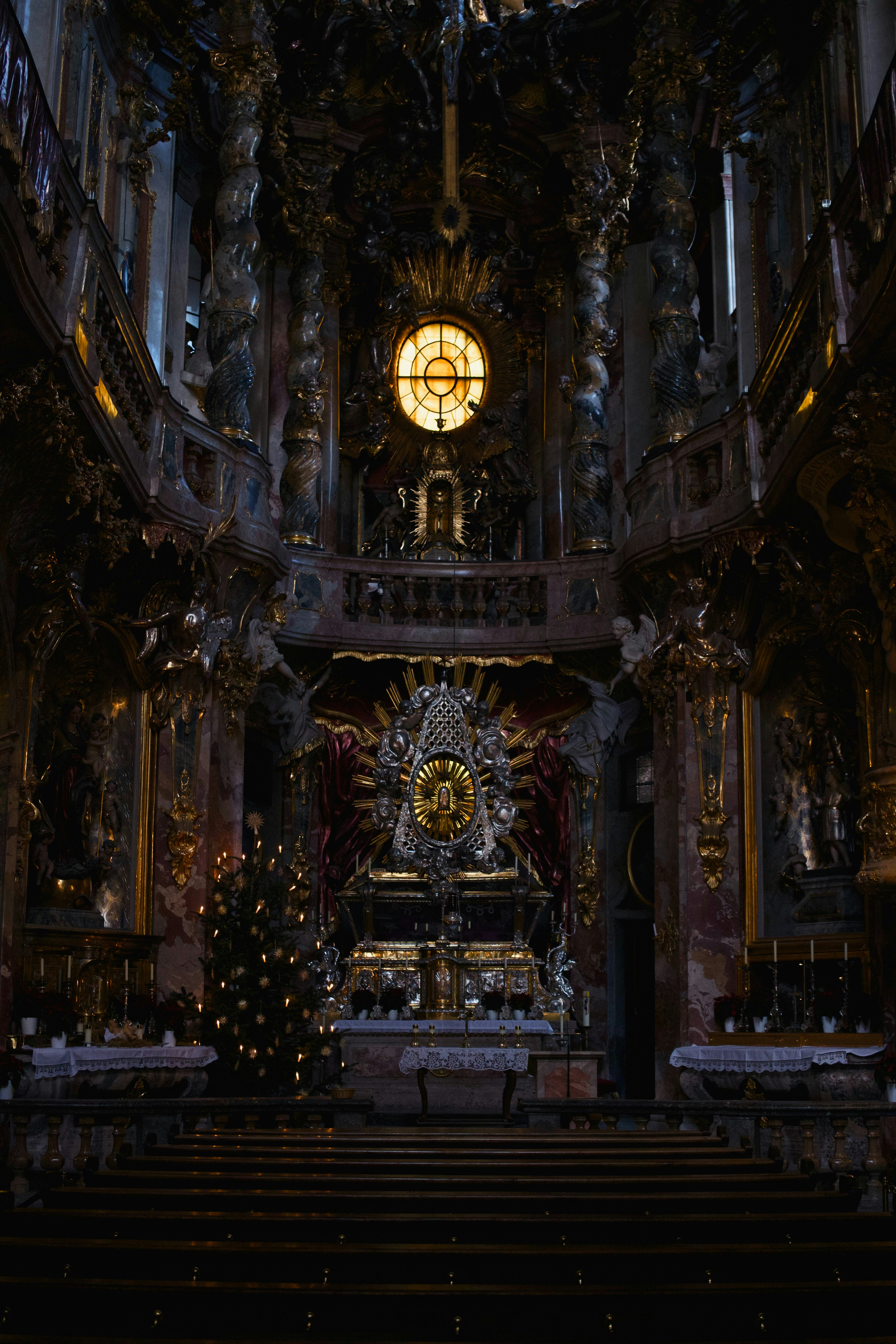Golden Altar in Shadowed Baroque Church