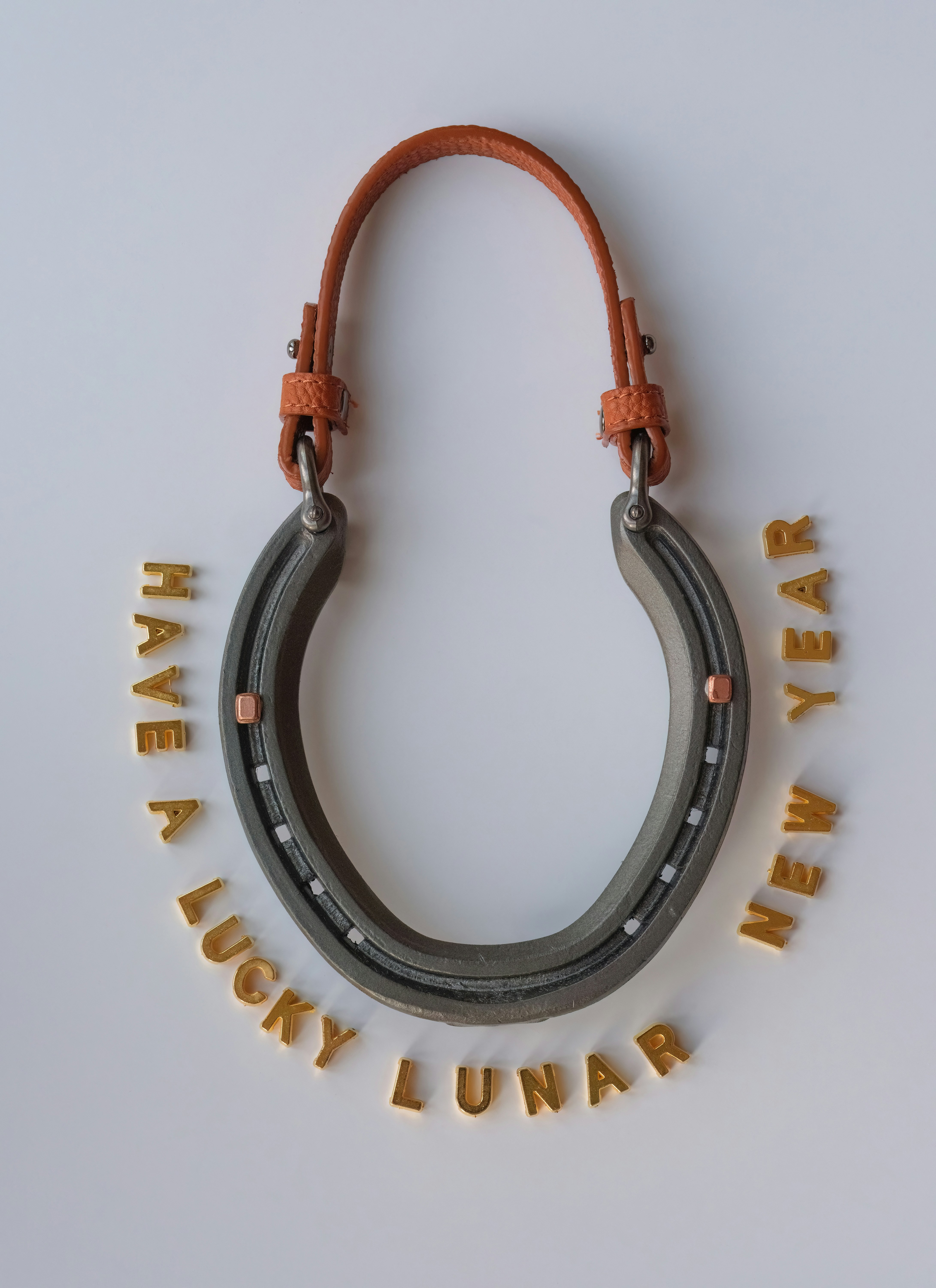 Lucky Lunar: a leather-hinged horseshoe necklace framing gold lettering