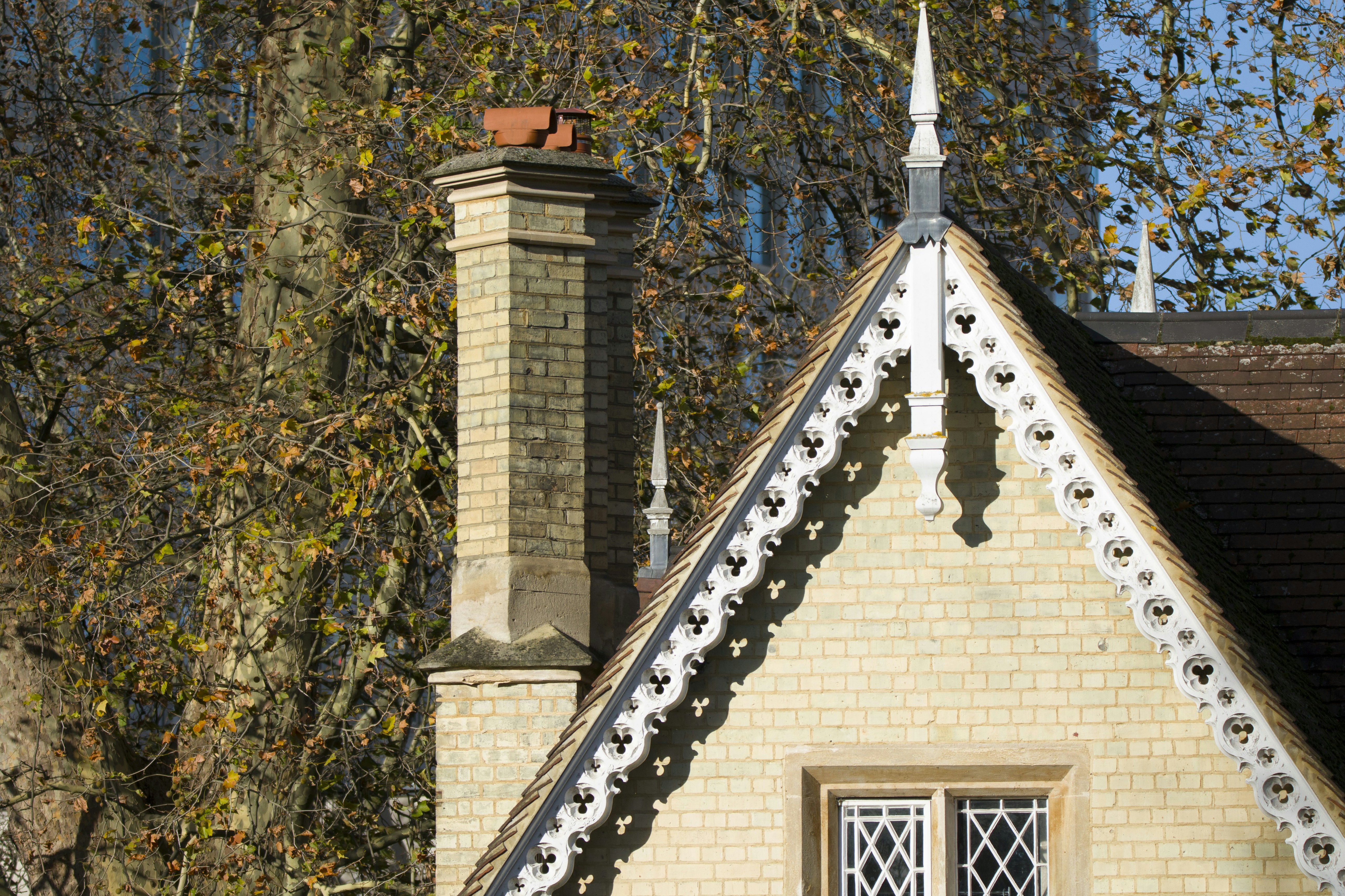 Gothic Eaves: Intricate Trim Against Autumn Light