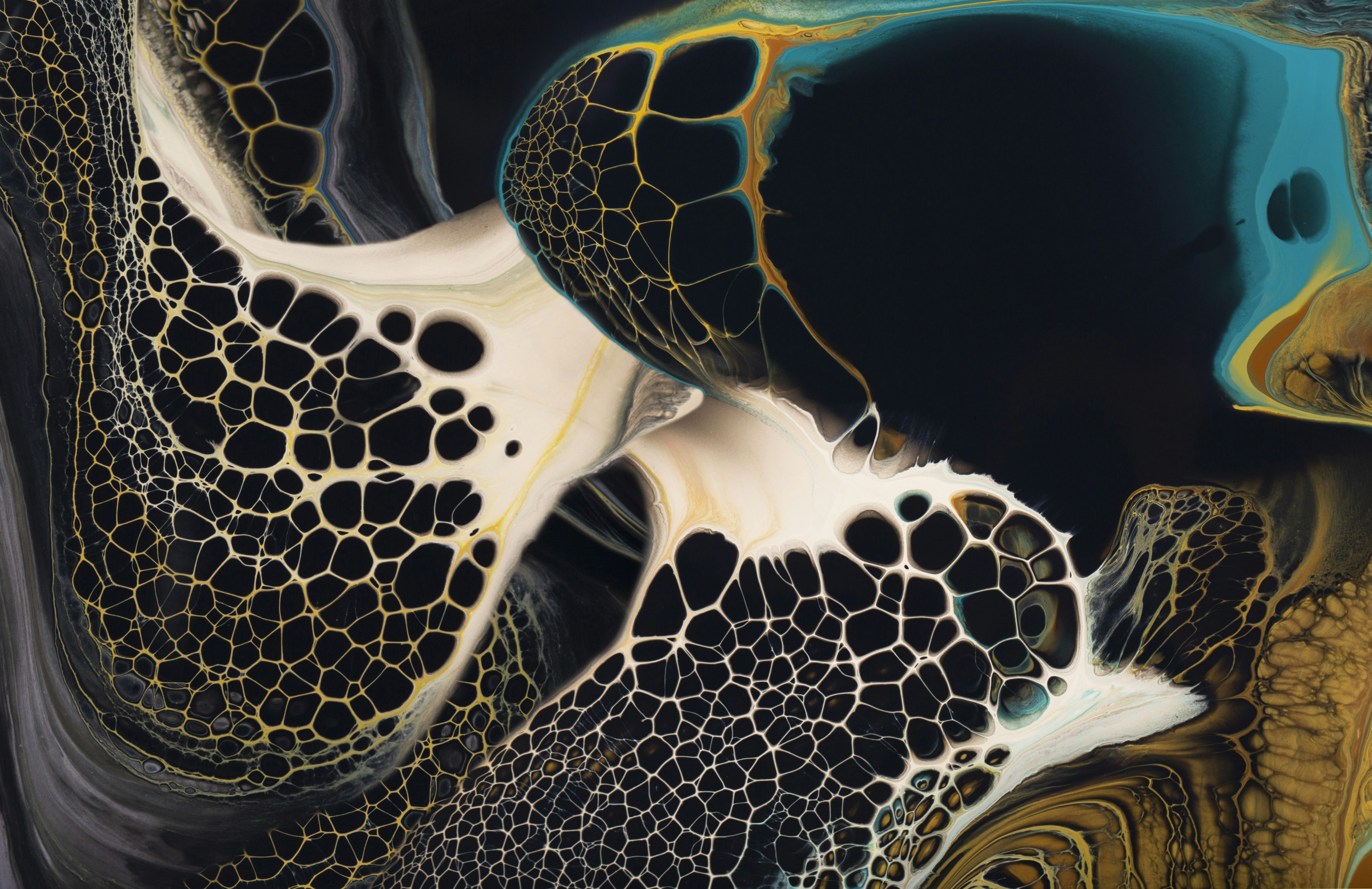 Cellular Currents: Ivory and teal Confluence in fluid Abstract