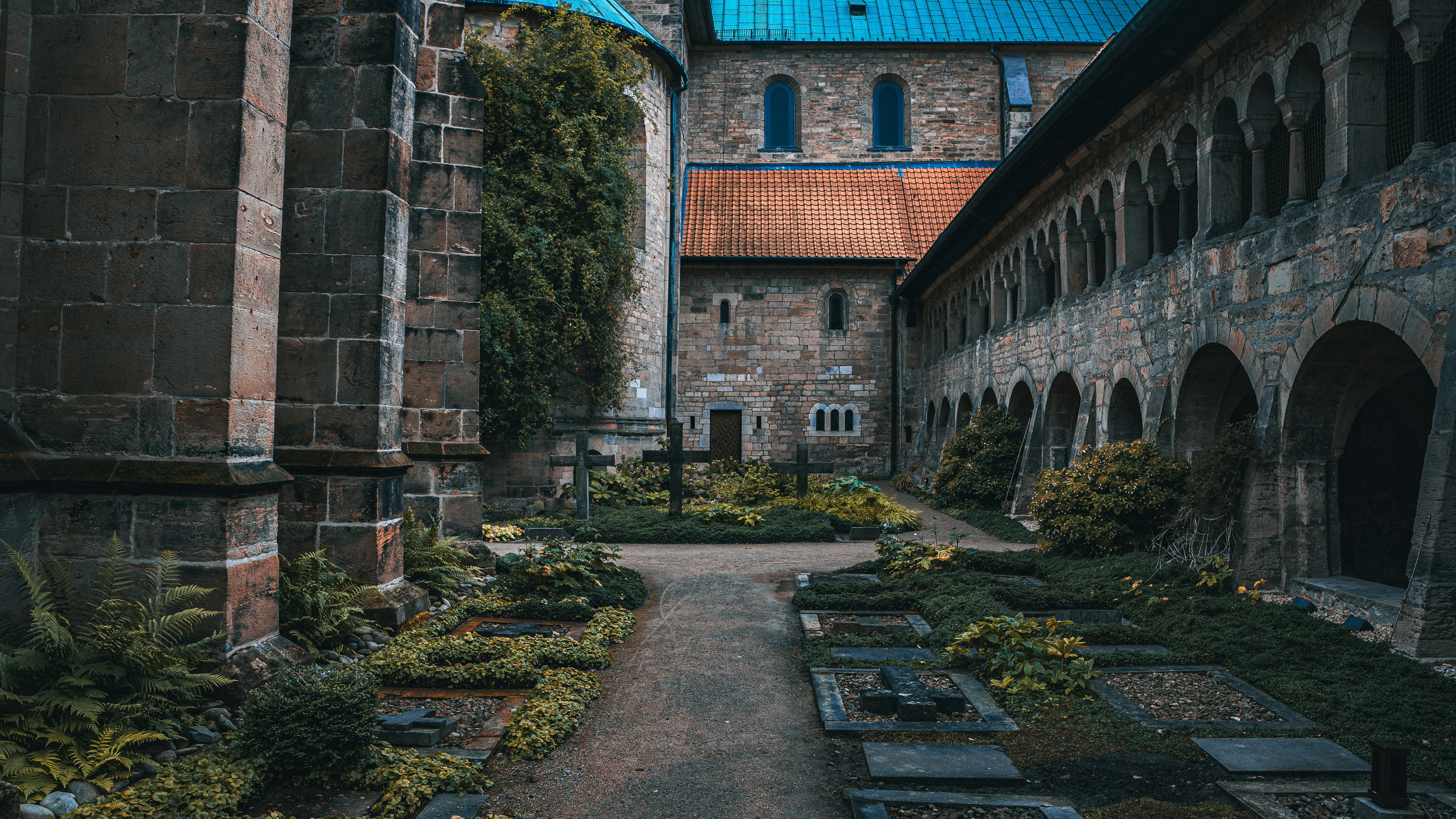 Stone Cloister in the Quiet European Monastic Courtyard