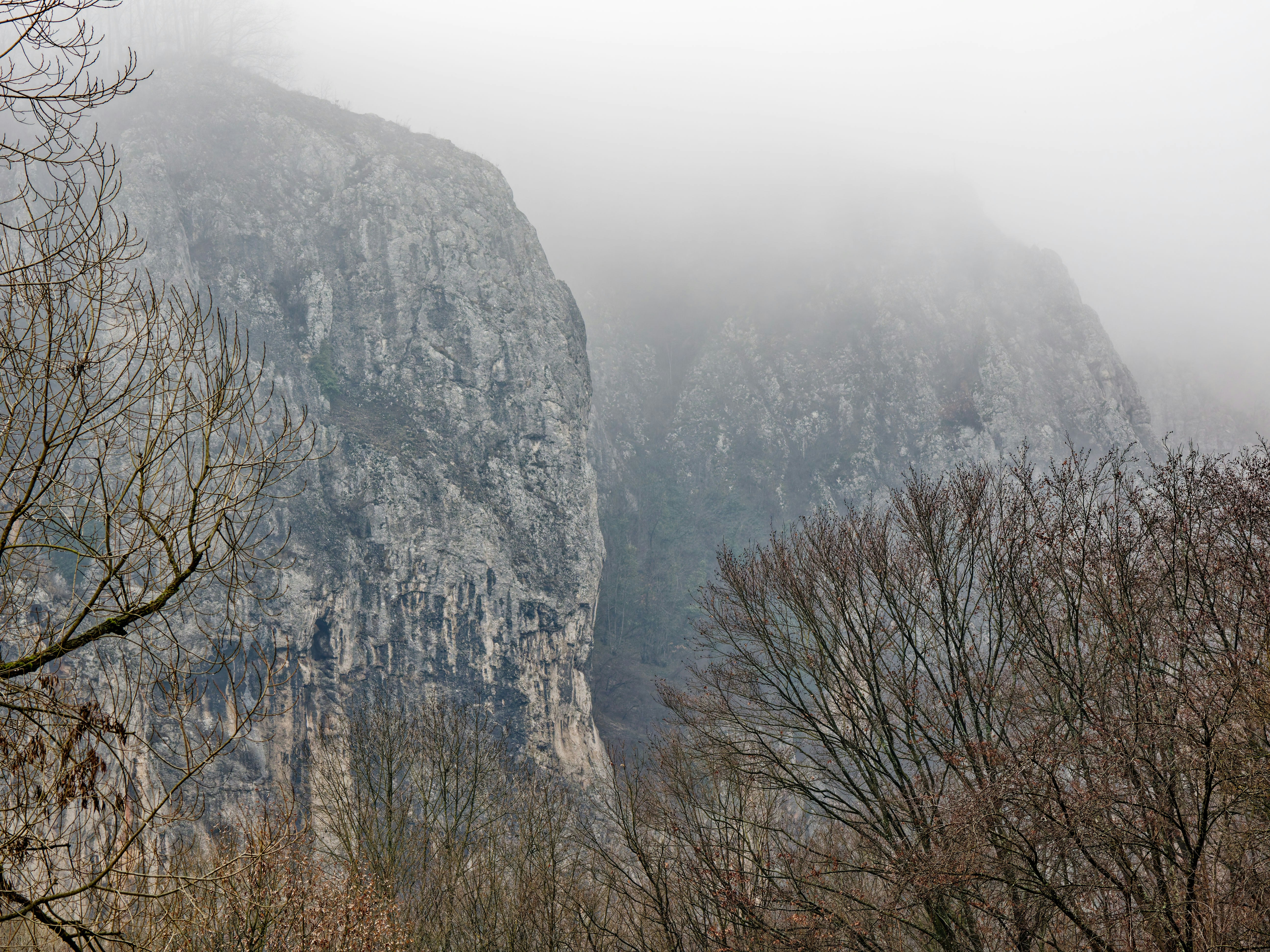 Misty Cliff Face: Quiet Dawn on a Limestone Ridge