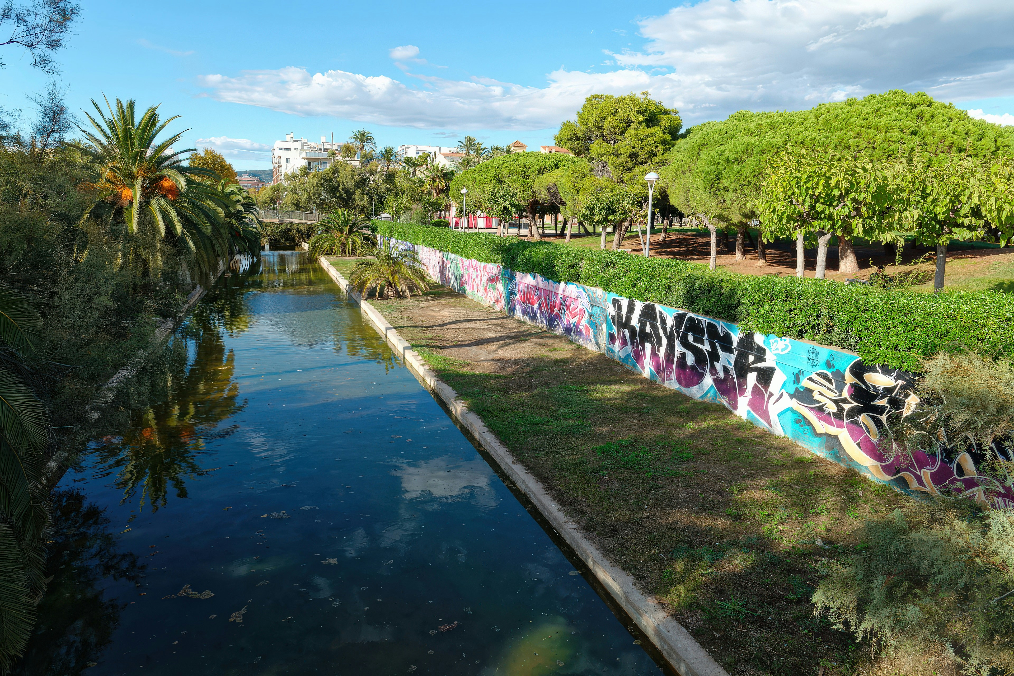 Graffiti-covered wall alongside a canal in a park.