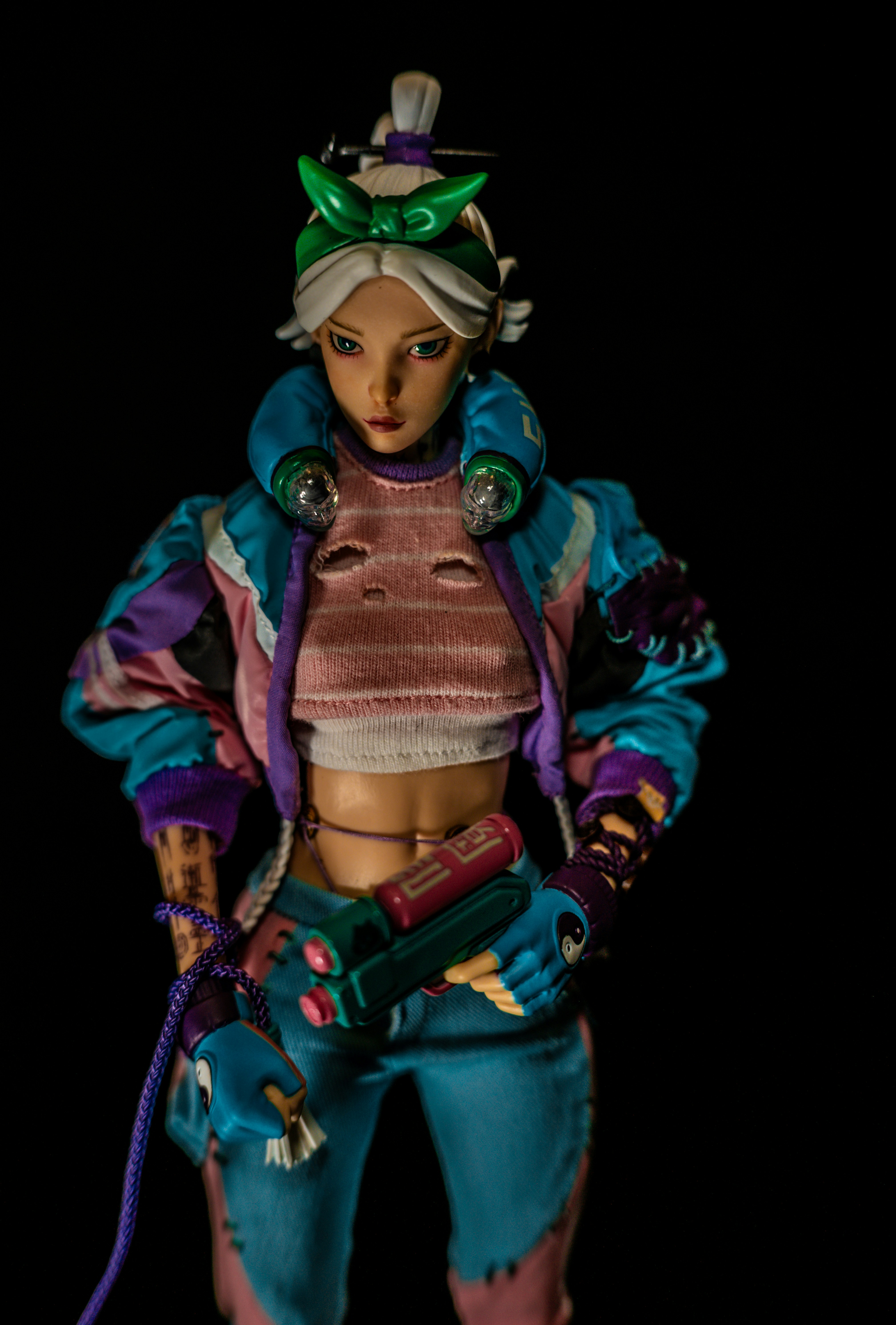 Neon-clad heroine in a dramatic portrait
