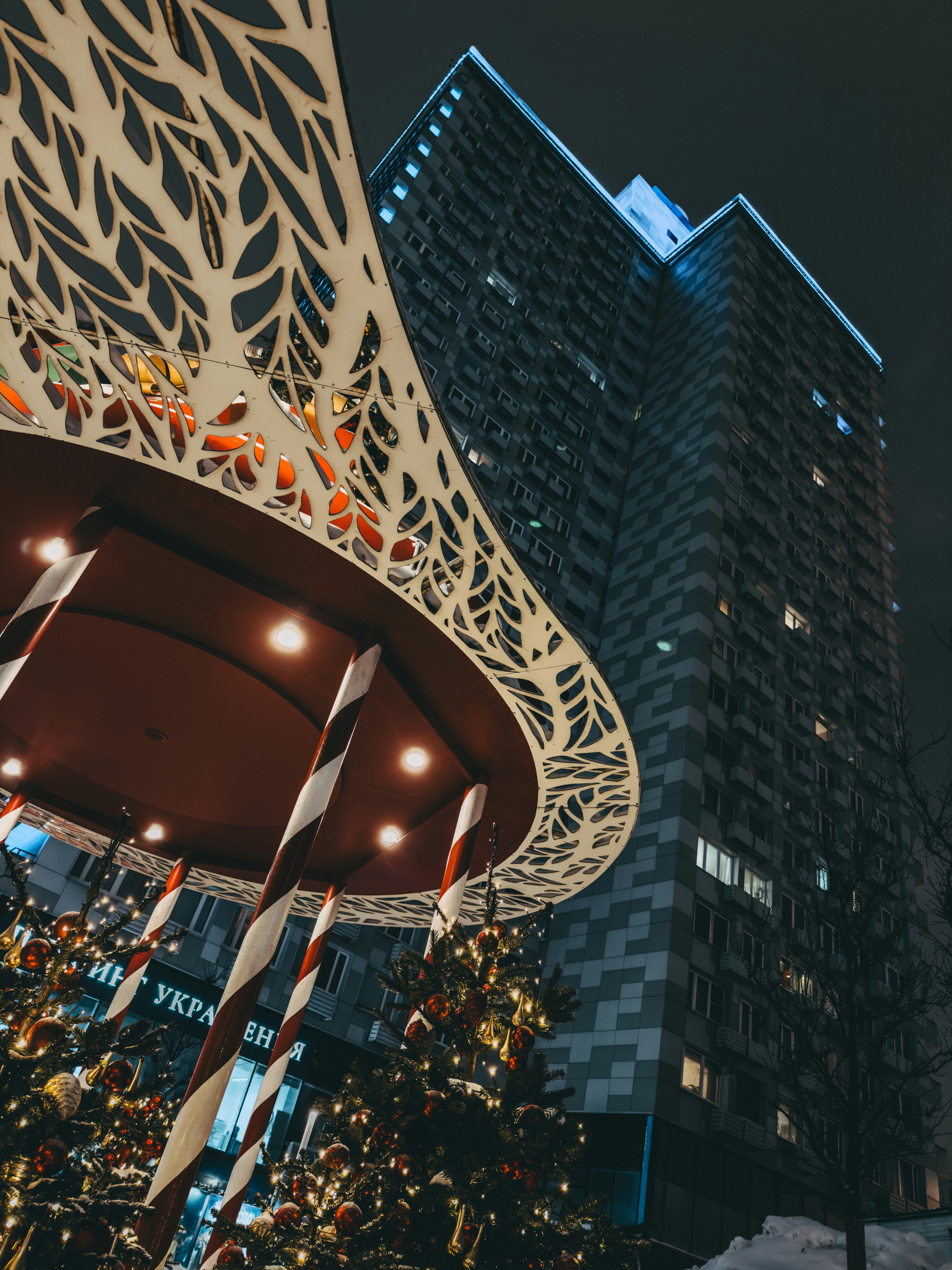 Winter Neon Weave under a Skyscraper Canopy