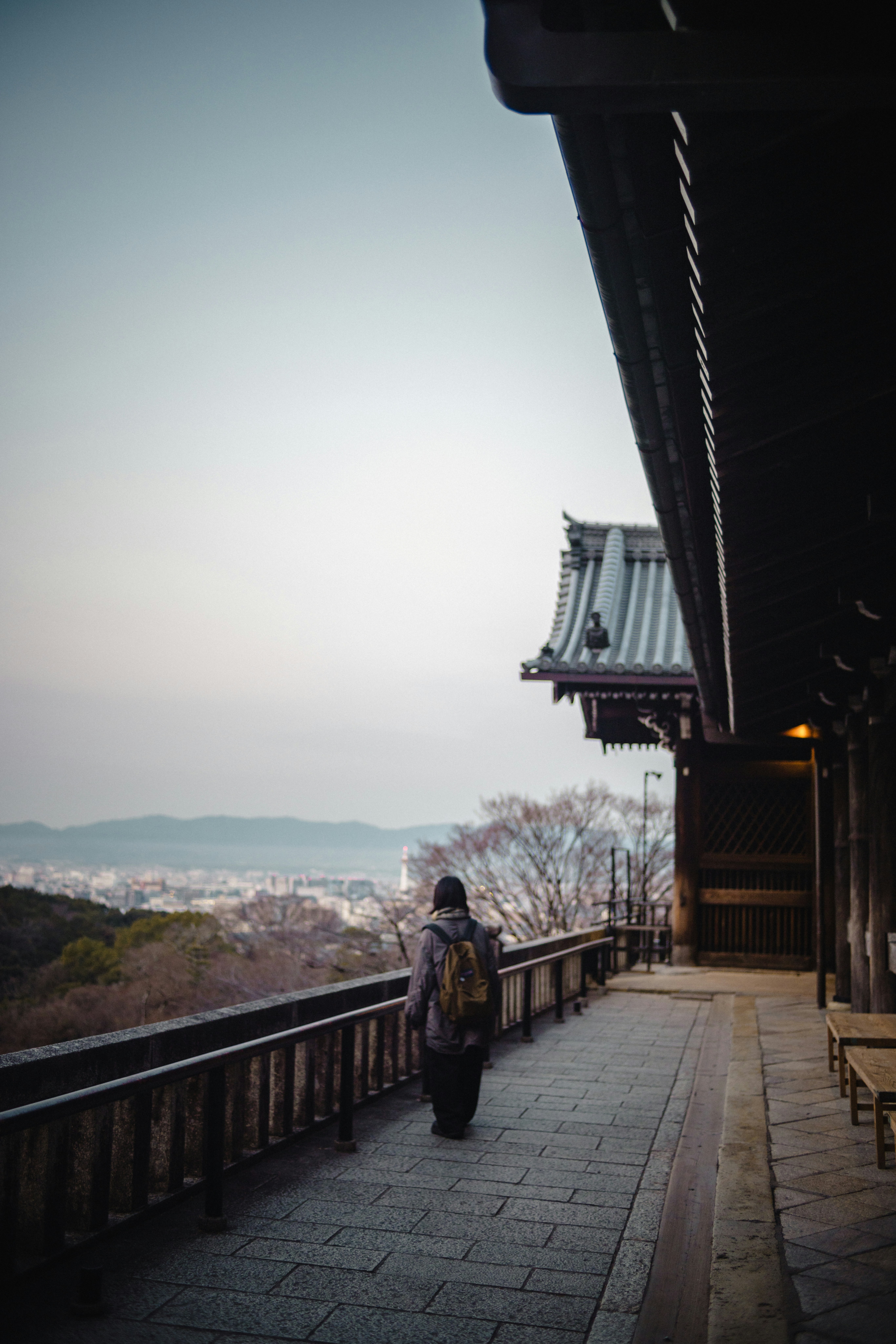 Pathway to the Citadel: A lone traveler at a temple balcony at dusk