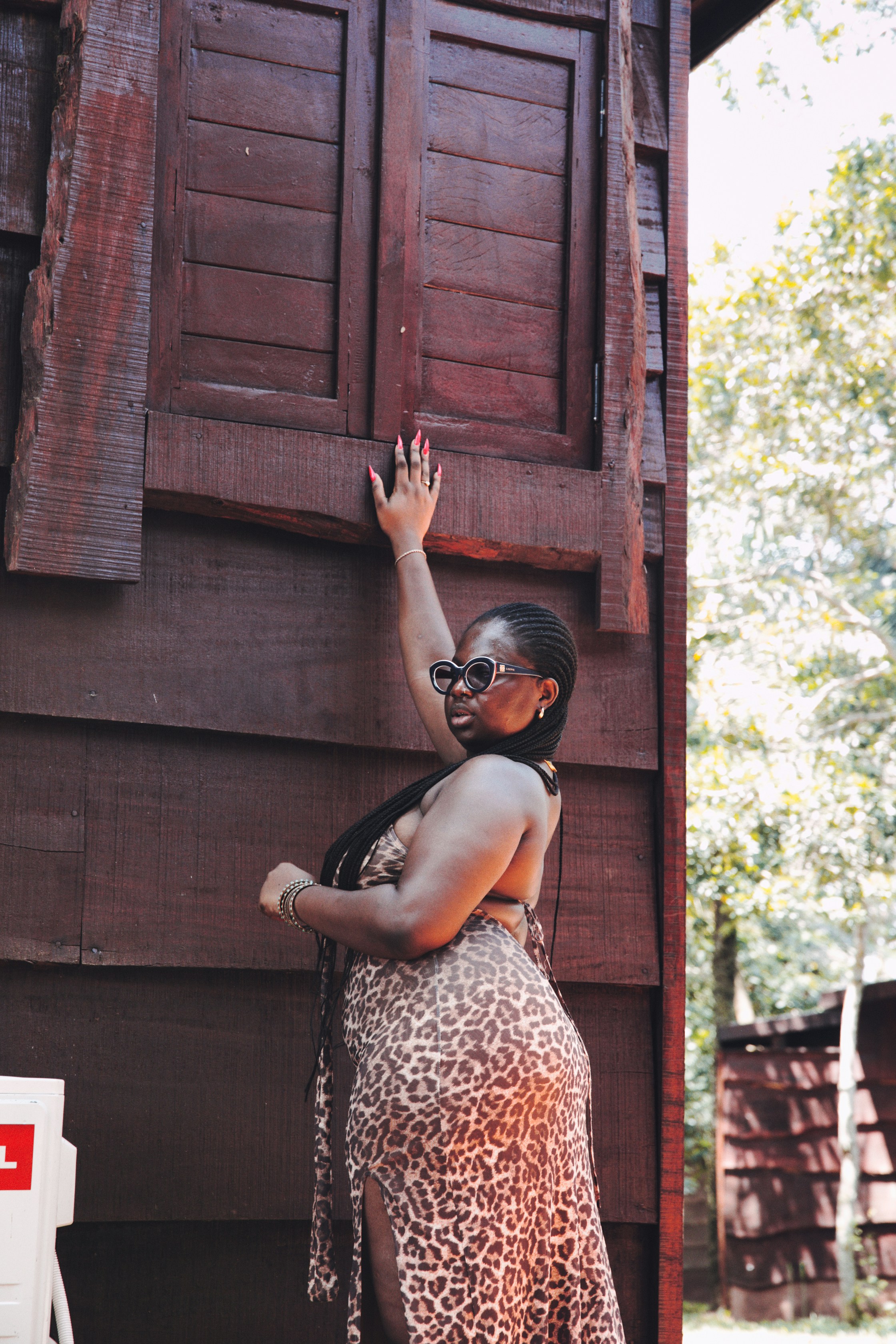 Leaning against Weathered Wood: Sheer Confidence in Leopard Luxe