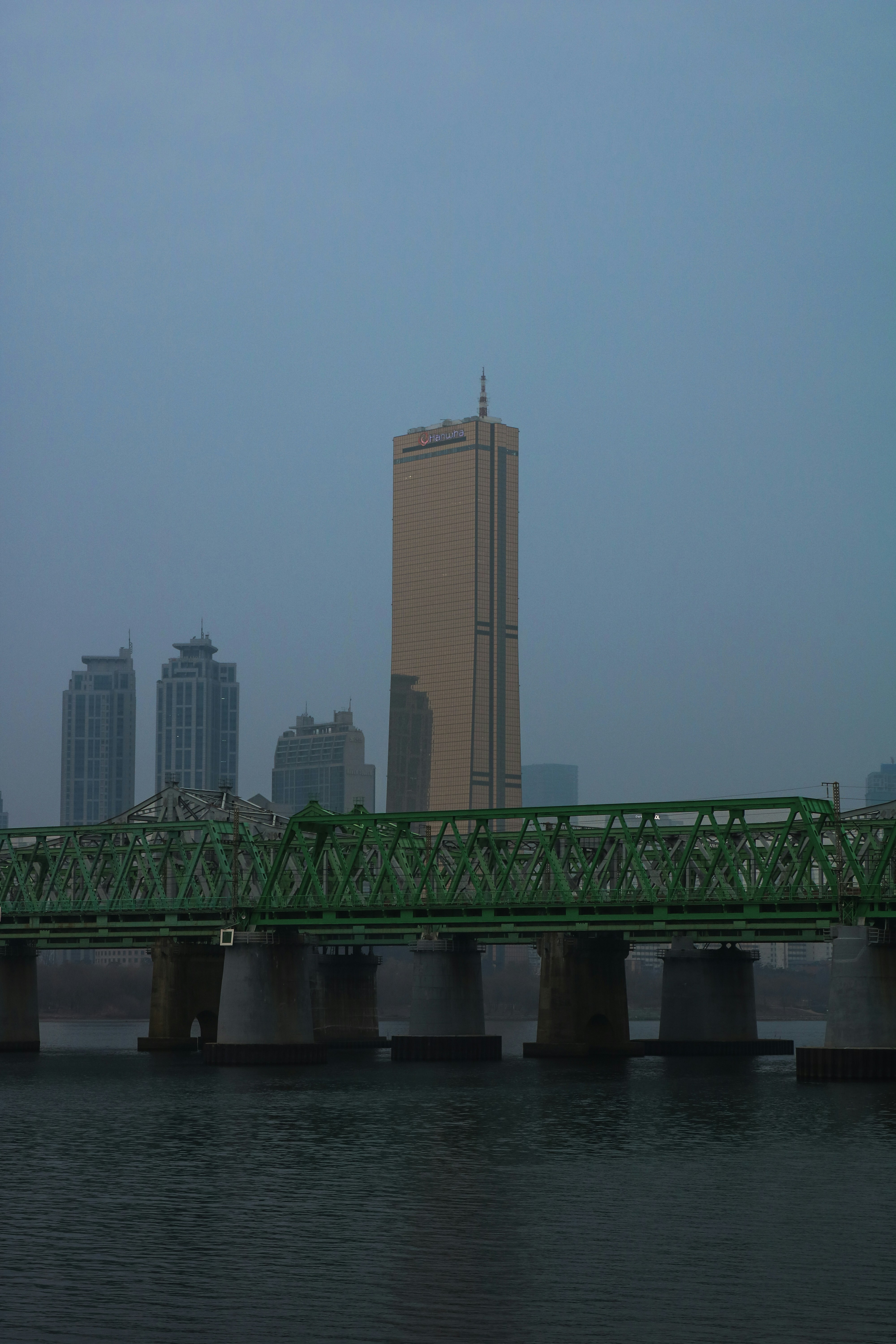 Towered Quiet: A Riverside Skyline with a Green Truss Bridge