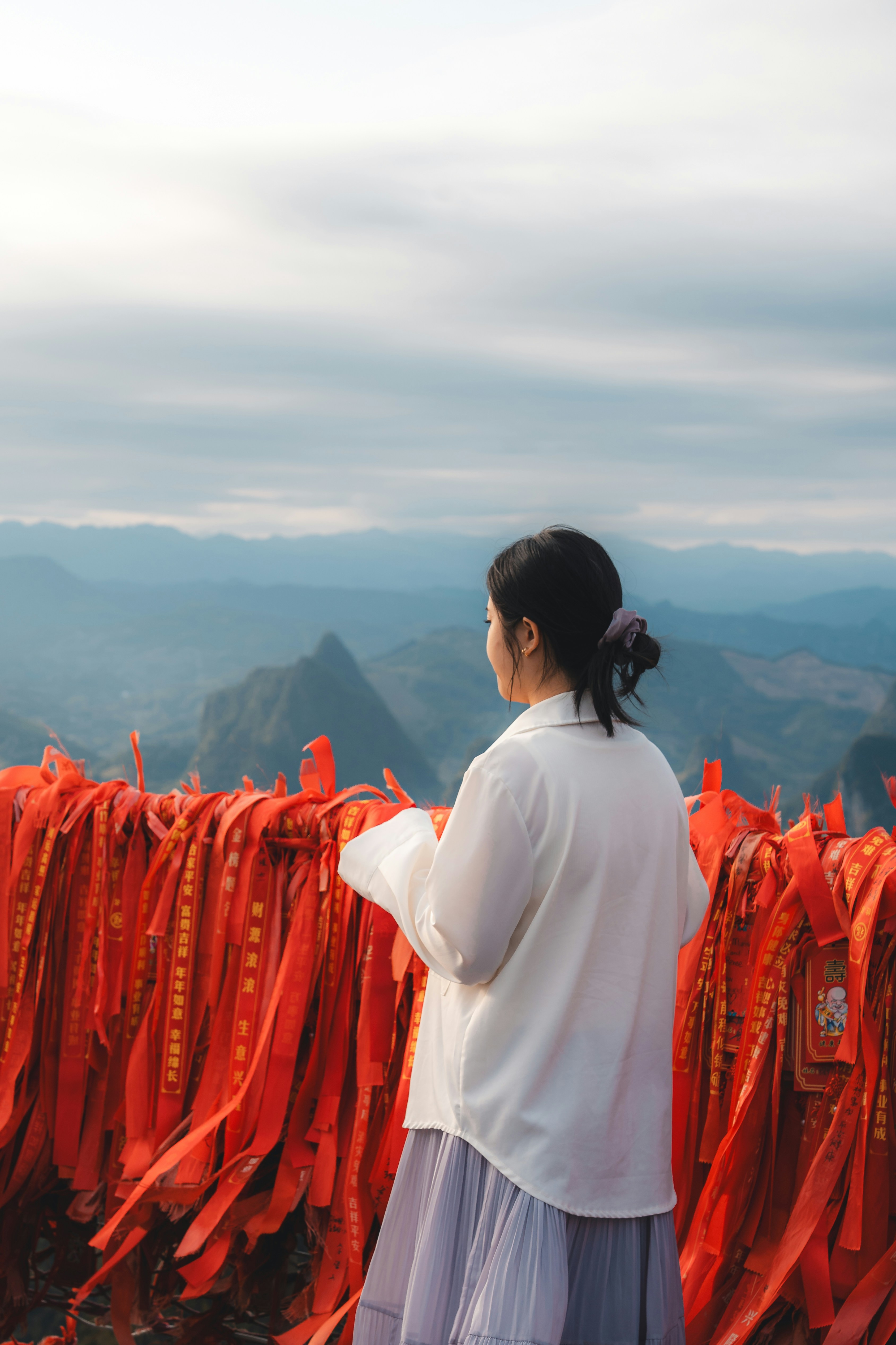 Red Ribbons and Quiet Peaks: A Moment on the Scenic Overlook