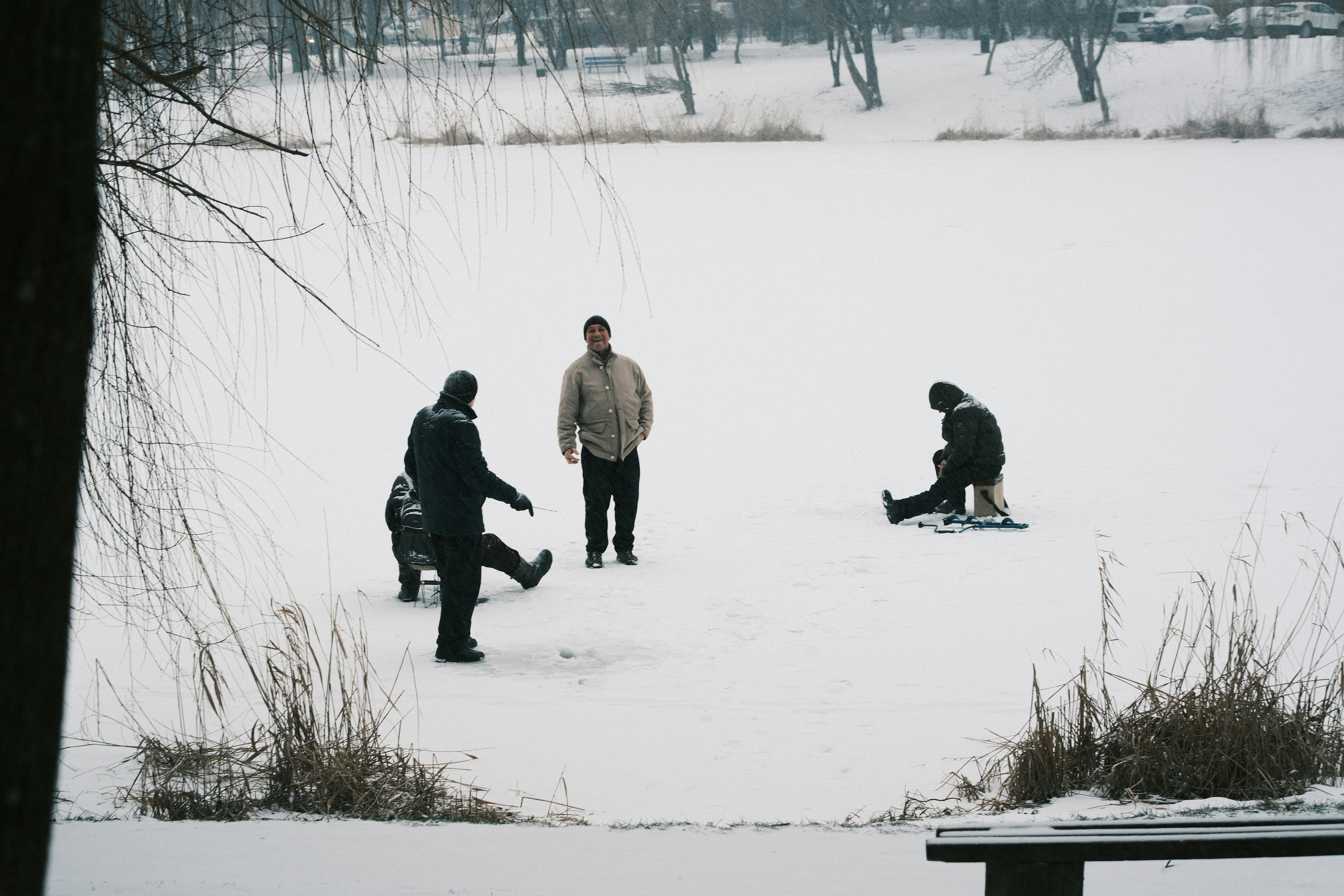 Three Figures on a Snowlit Pond: A Quiet Winter Moment