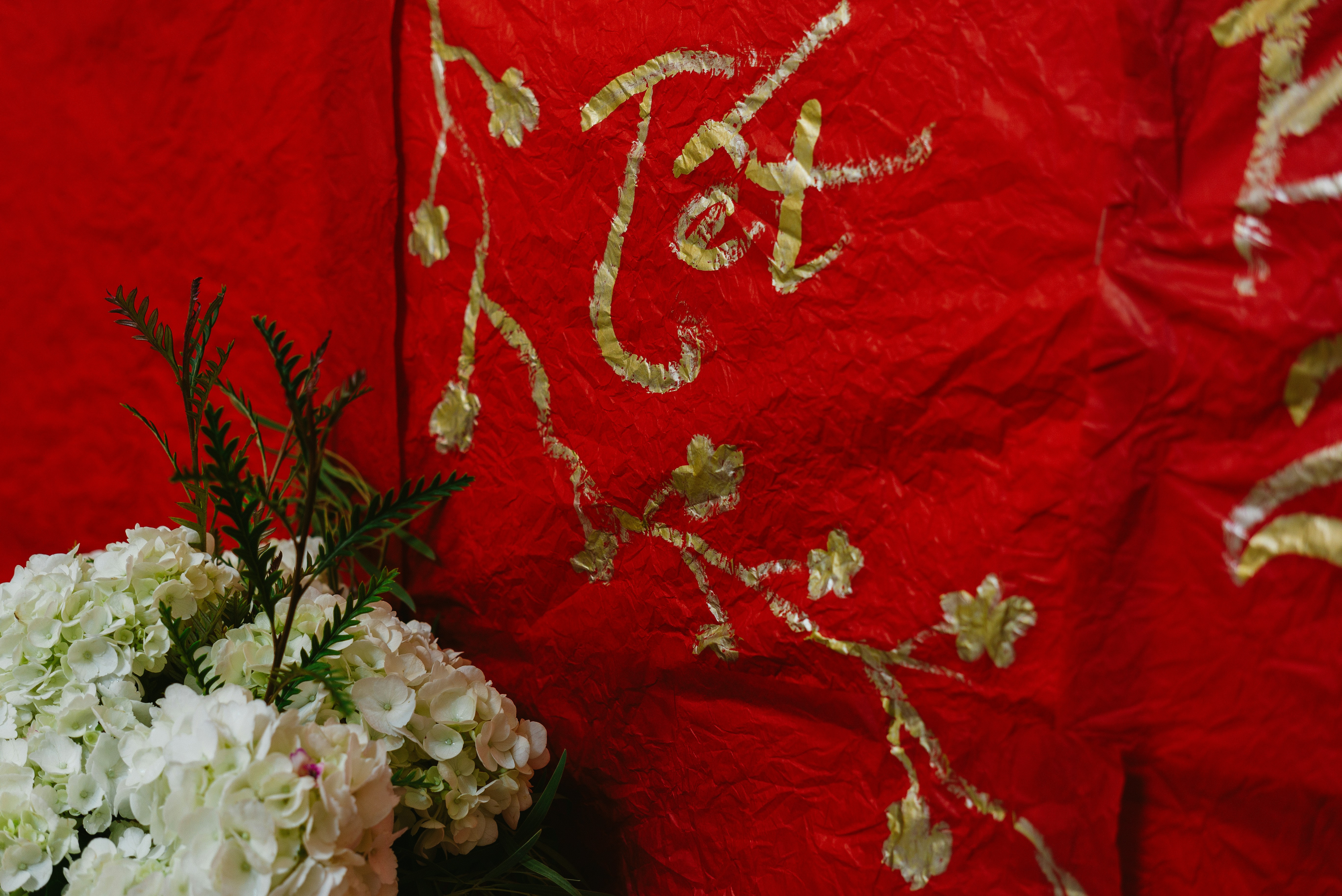 Red Silk Blossom: Floral Accent Against Golden Script