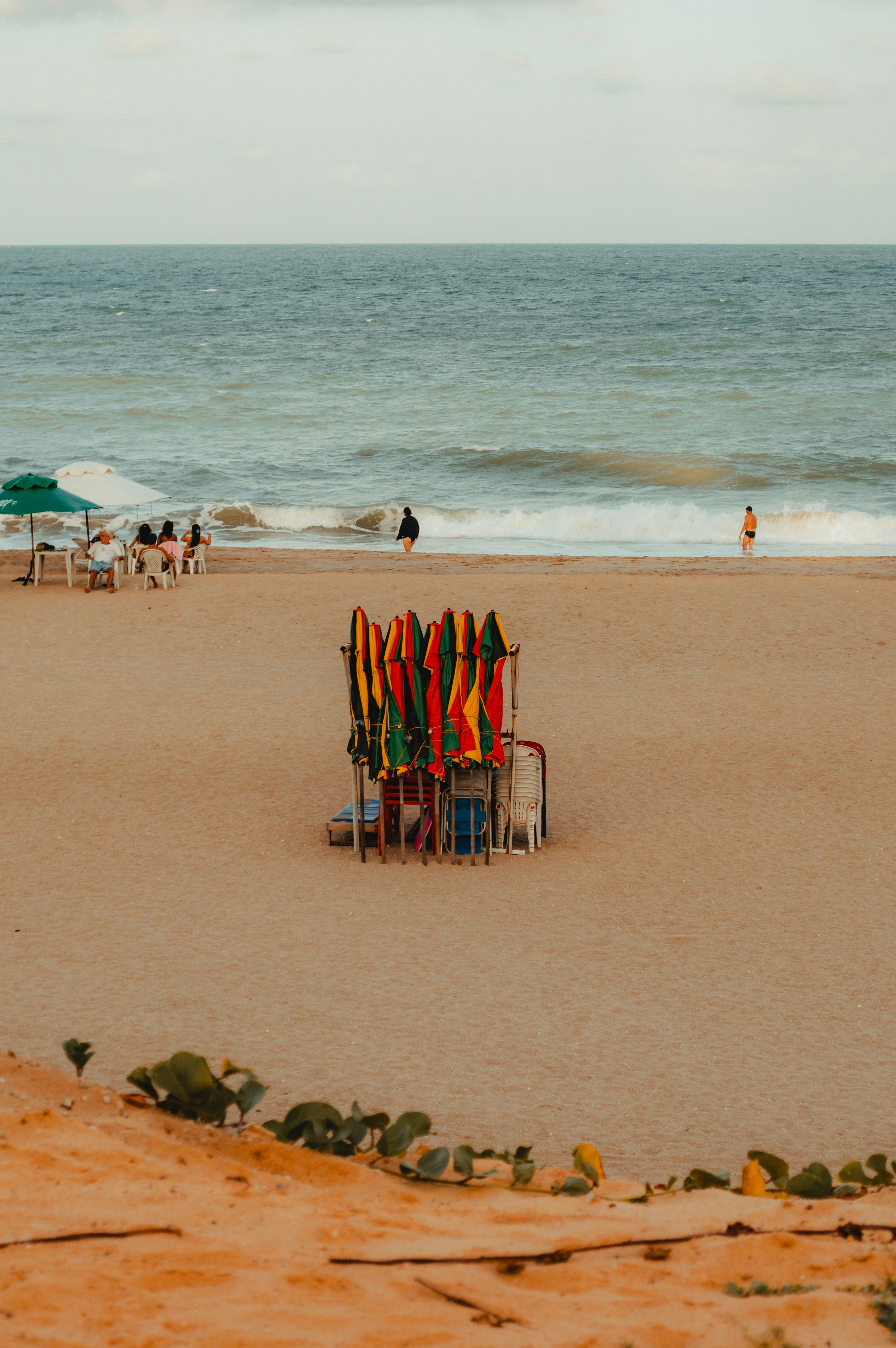 Colorful Umbrellas on Quiet Sand, Ocean Horizon in Focus