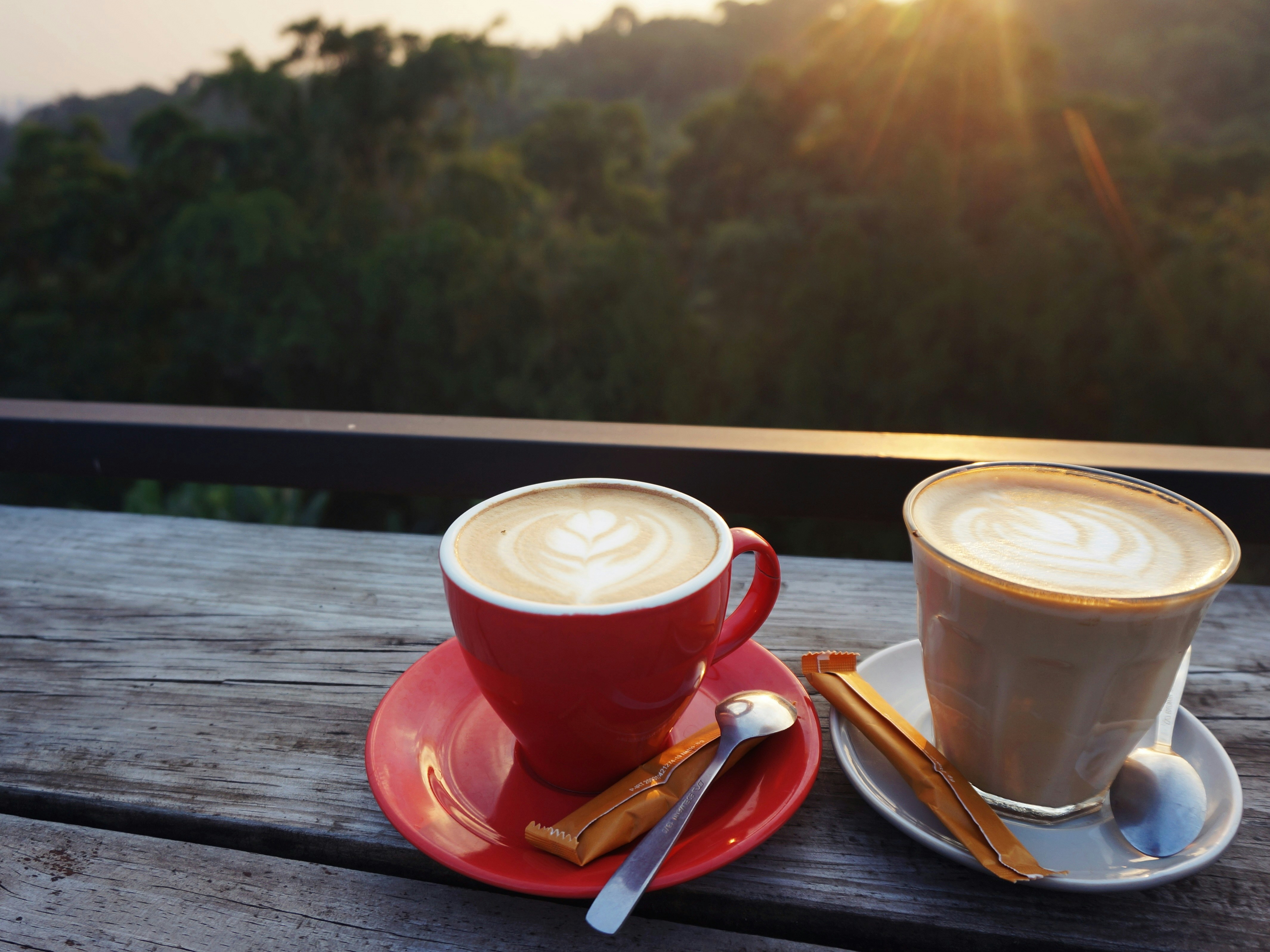 Sunlit Café Duo: Latte Art by the Balcony Rail