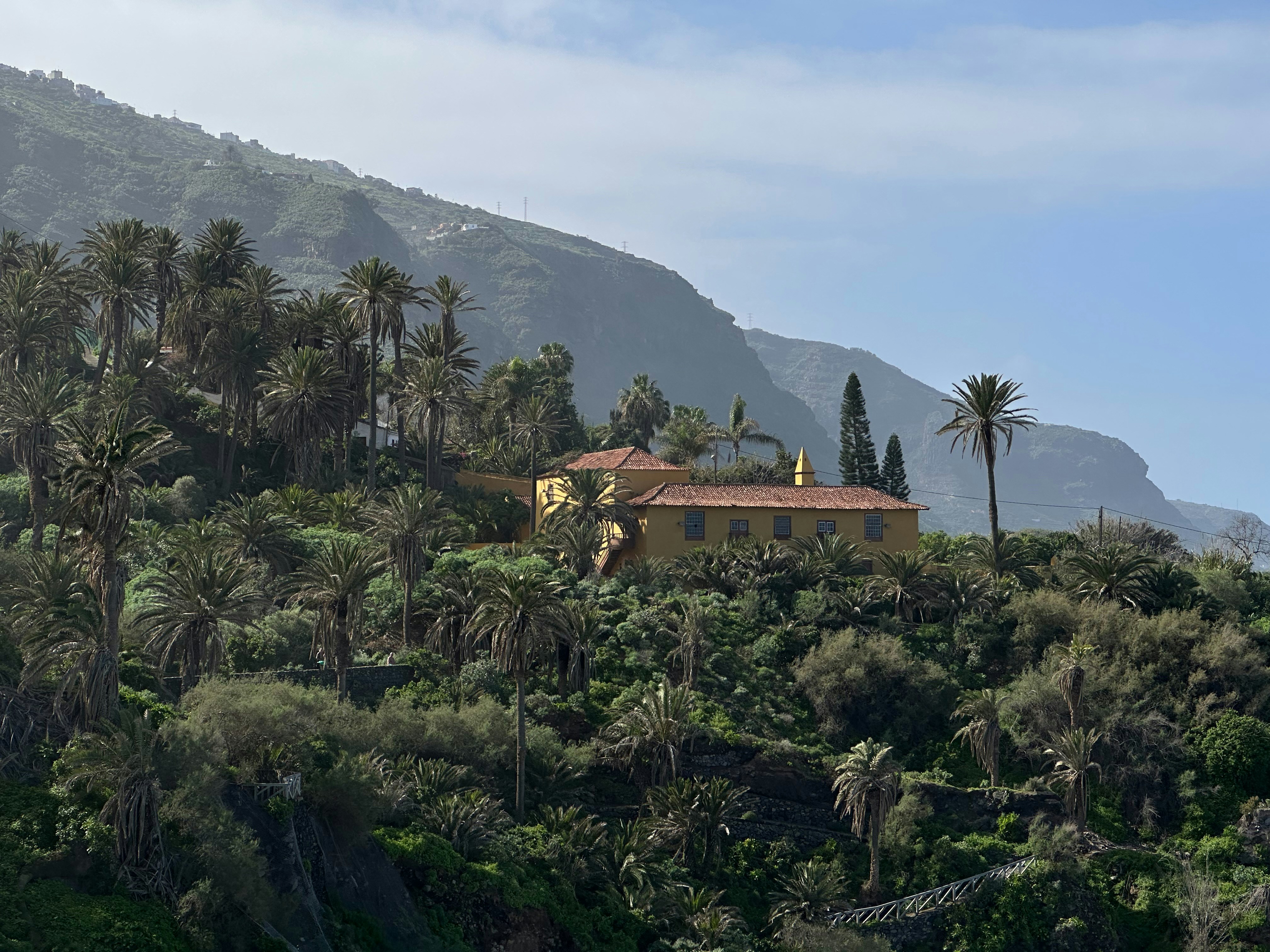 Hilltop villa amid palm terraces under a coastal ridge