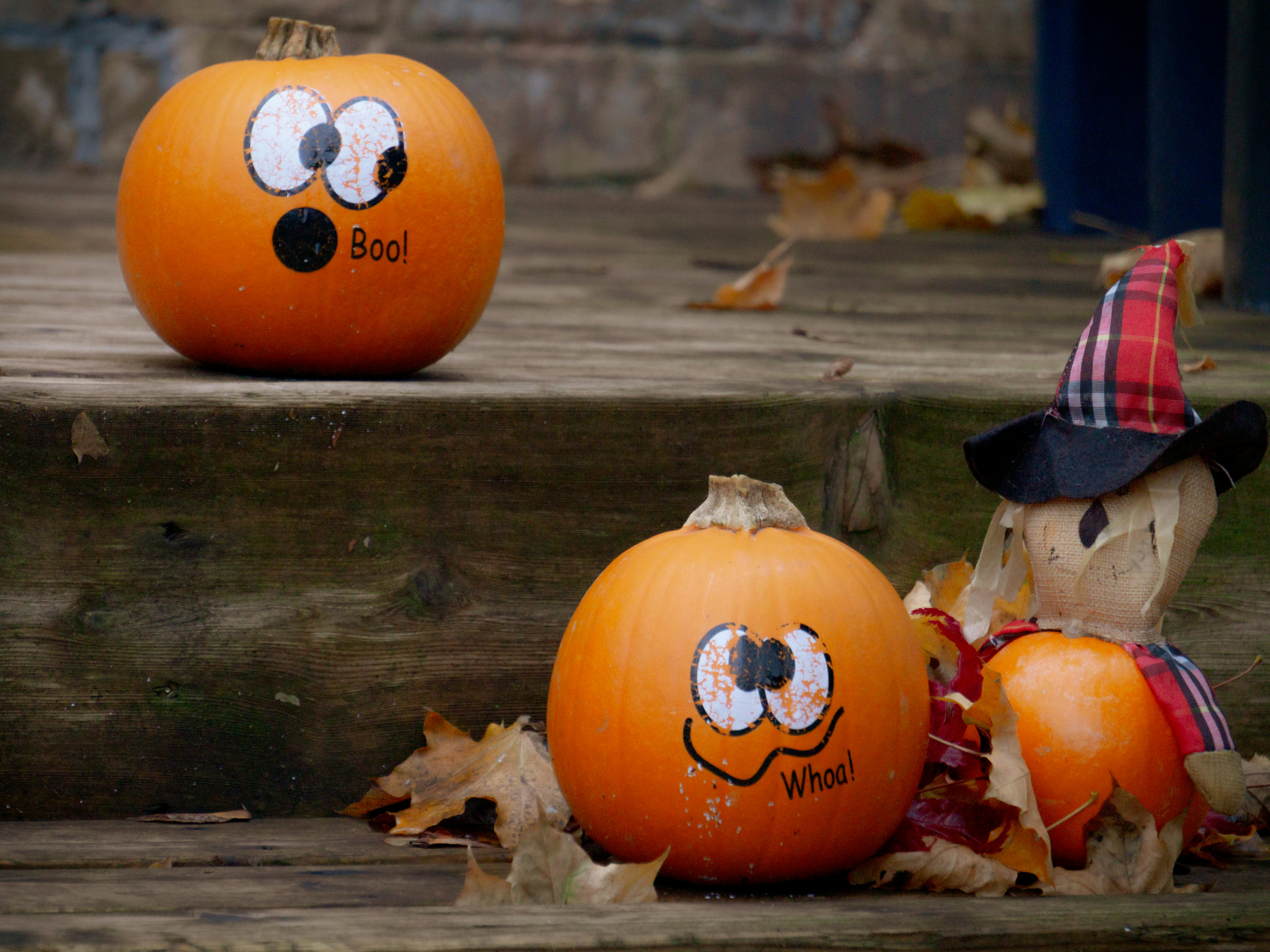 Pumpkins with Playful Expressions on a Porch Step