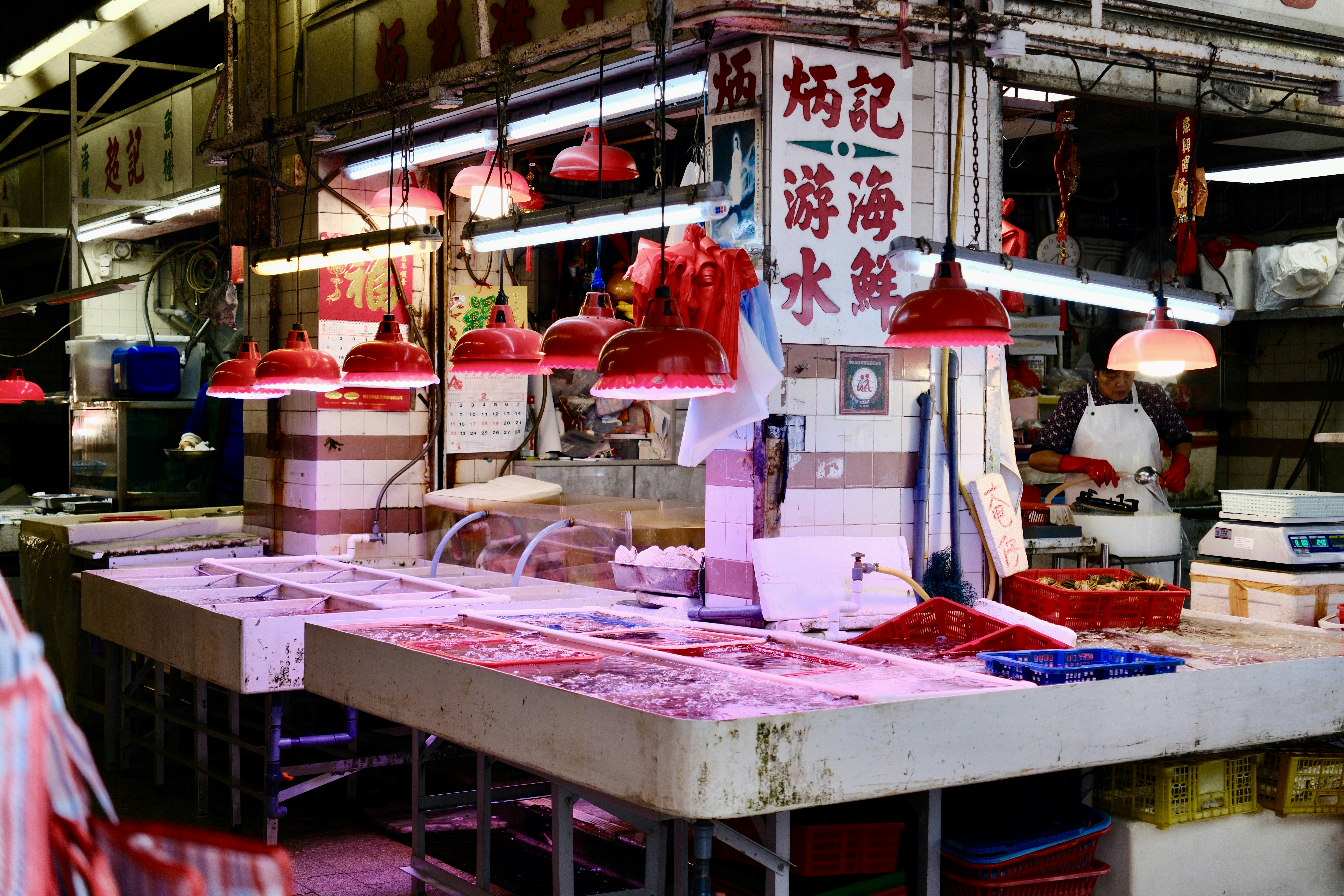 Bustling Seafood Market Portrait Under Red Diner Lamps