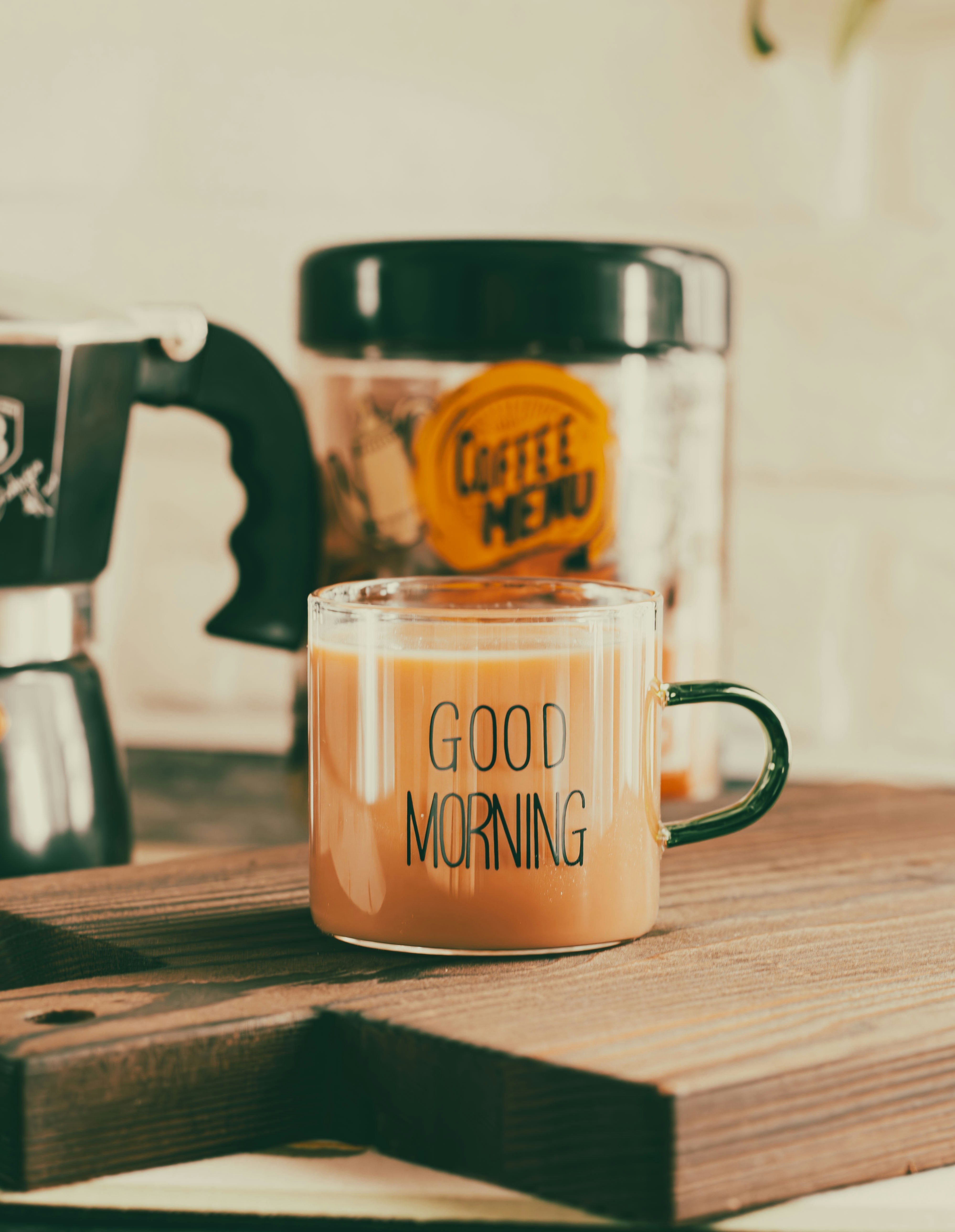 Morning brew in a cozy kitchen: a mug with a message