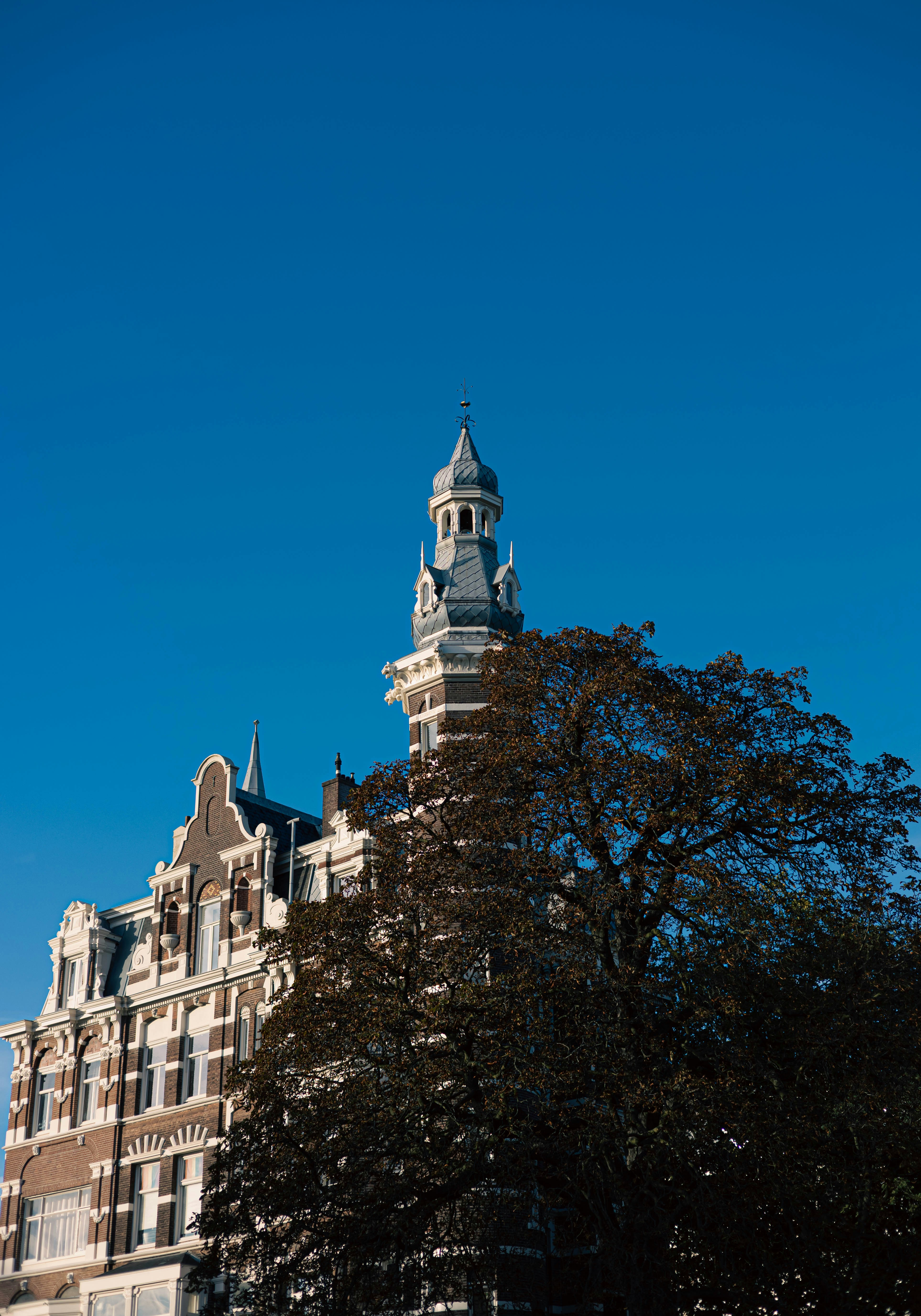 Clocktower Spire Rising Above Elm Street Facade