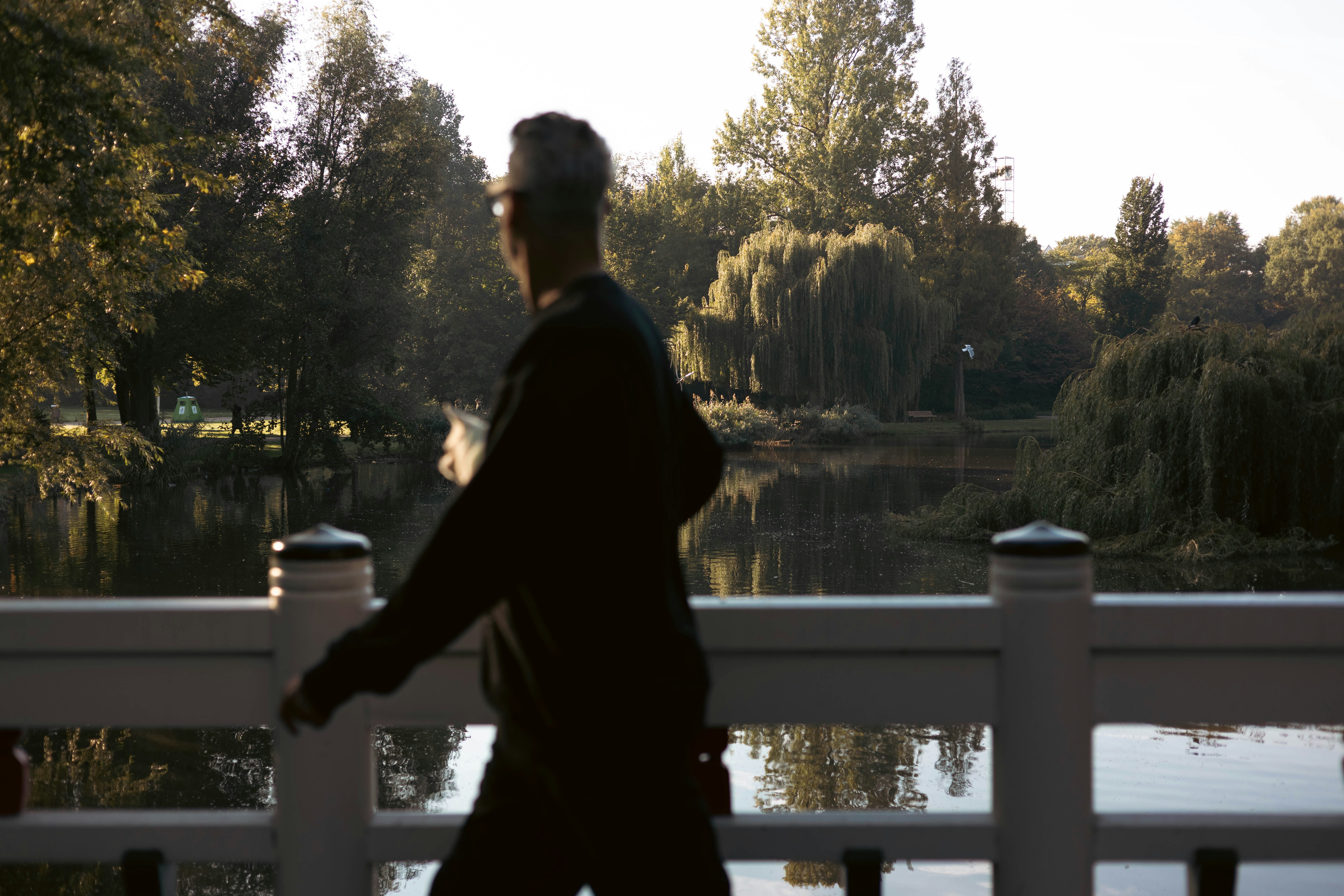 Blurred footsteps across the park bridge