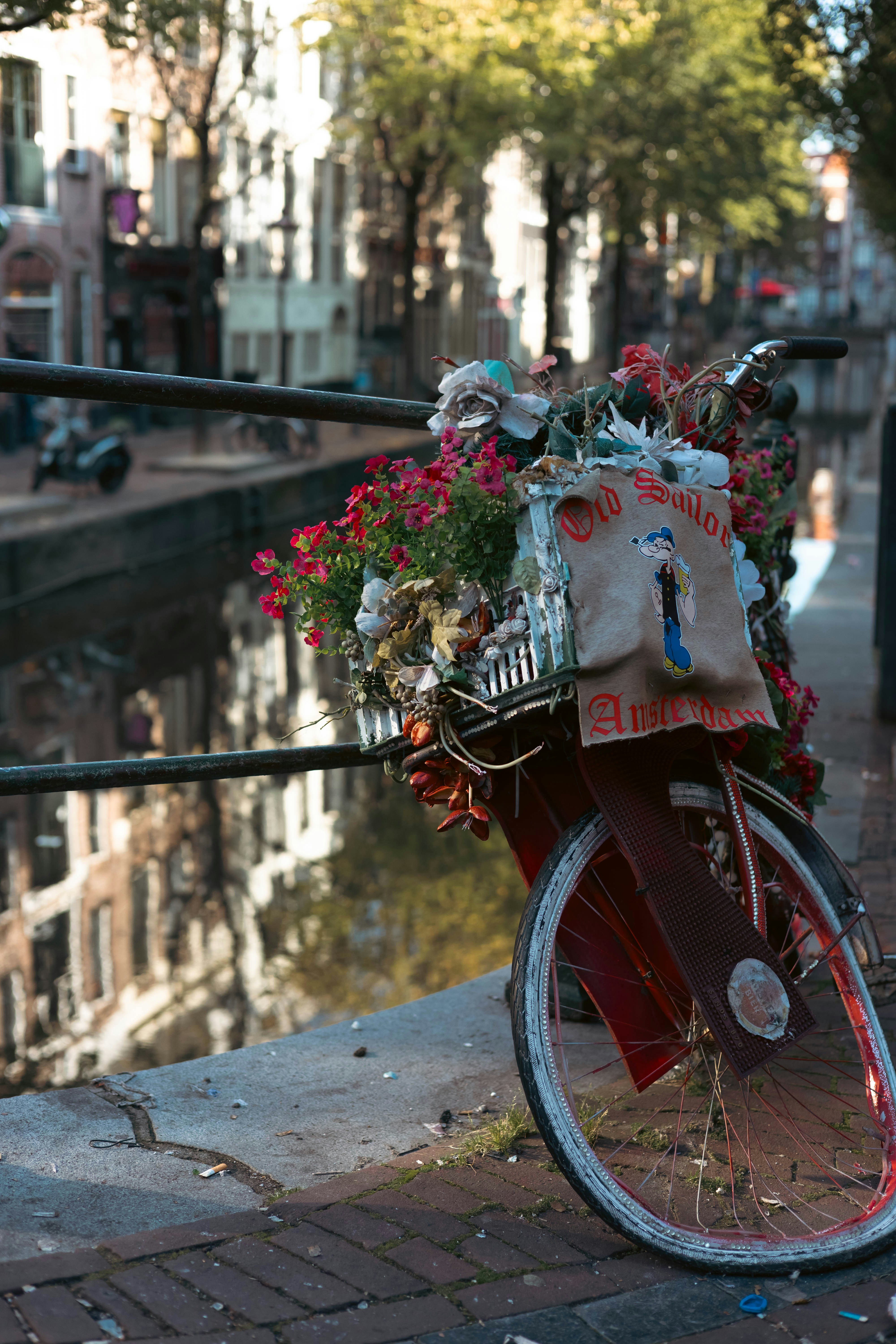 Flowered Bicycle by the Canal: A Quiet Moment in Amsterdam