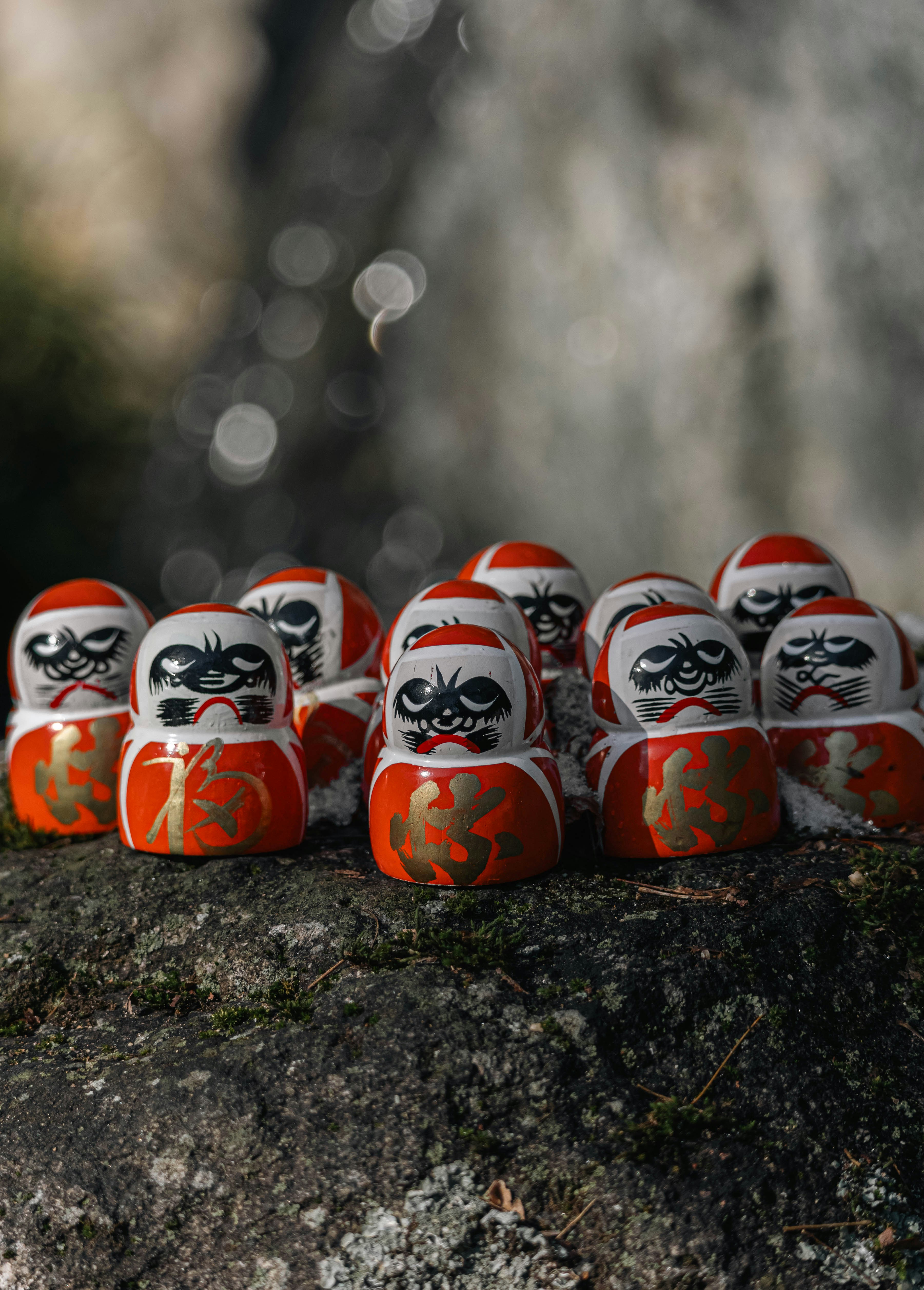 A Curious Cluster of Daruma Faces on Weathered Rock