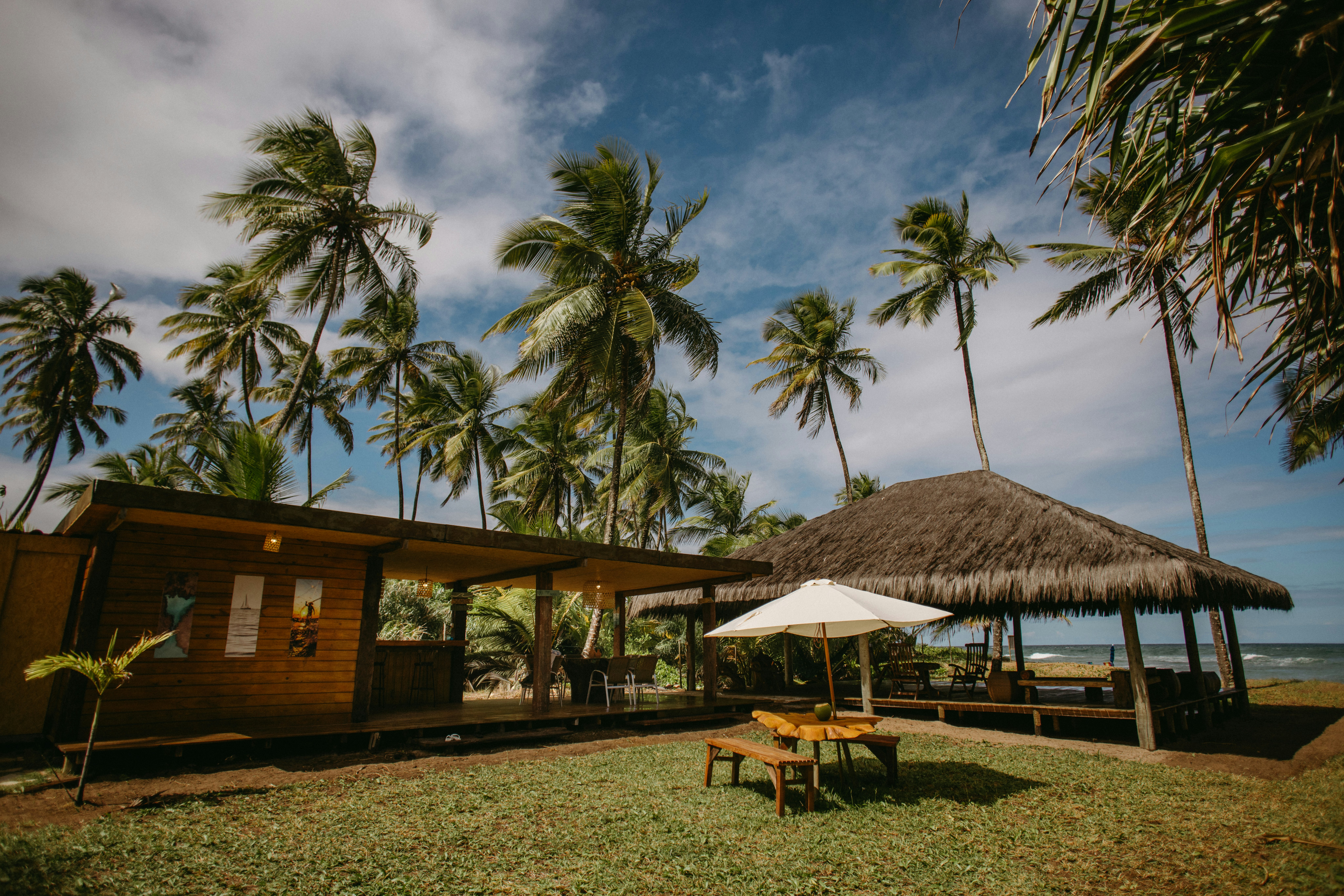 Beachside Bamboo Pavilion Under a Sky of Palm Shadows