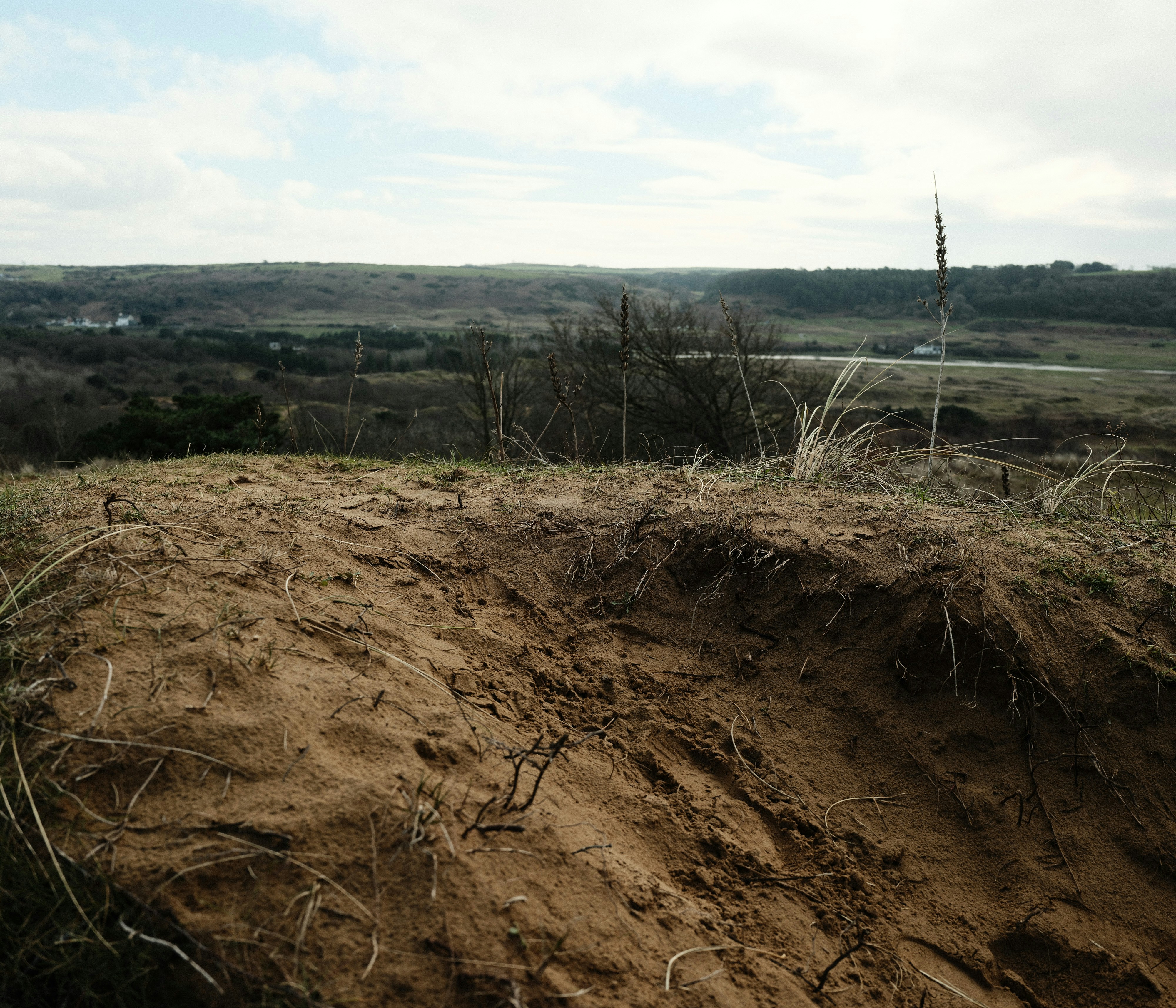 Earthy ledge overlooking a scrubby valley under a pale sky