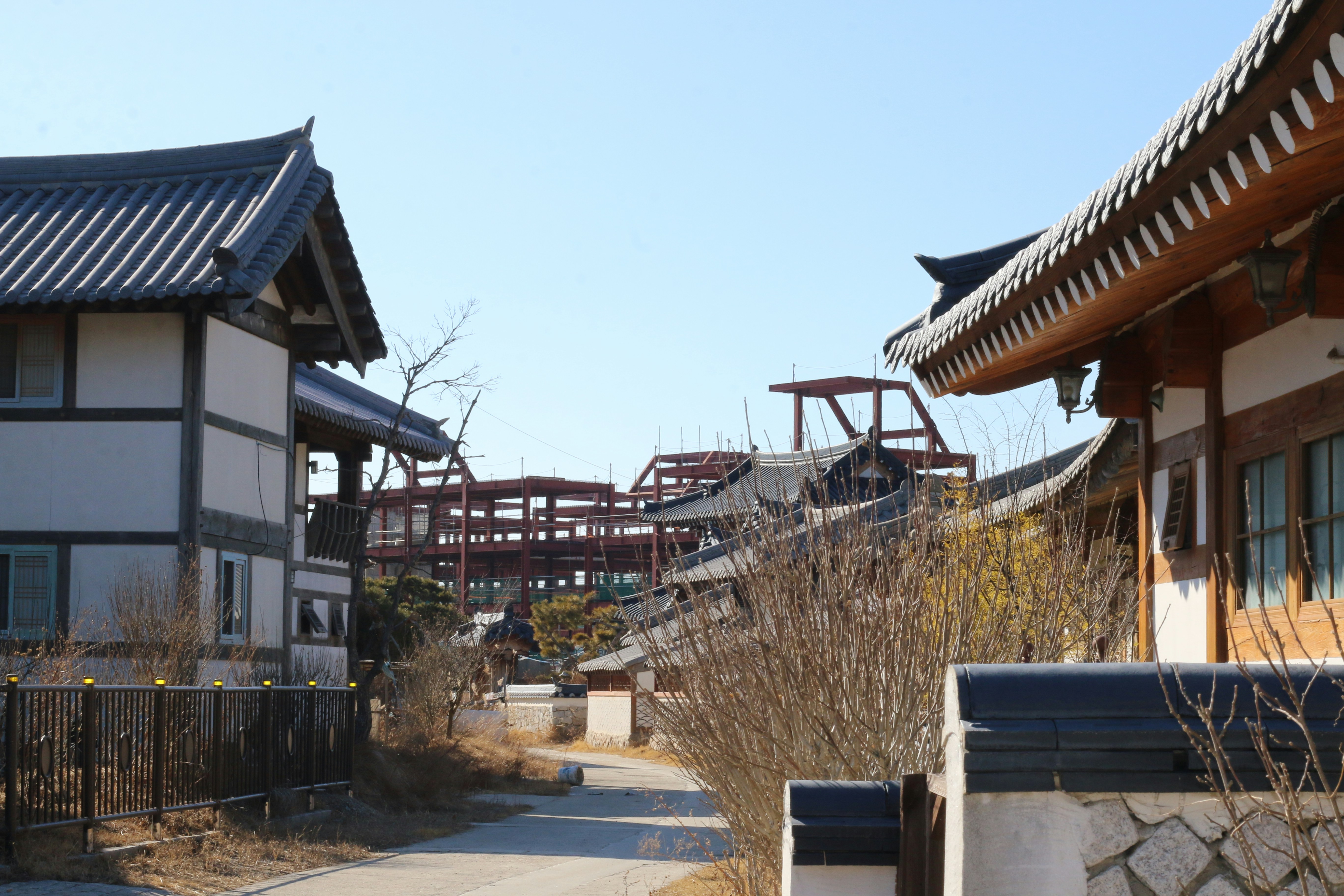 Temple Courtyard Path Framing the Crossing Bridge