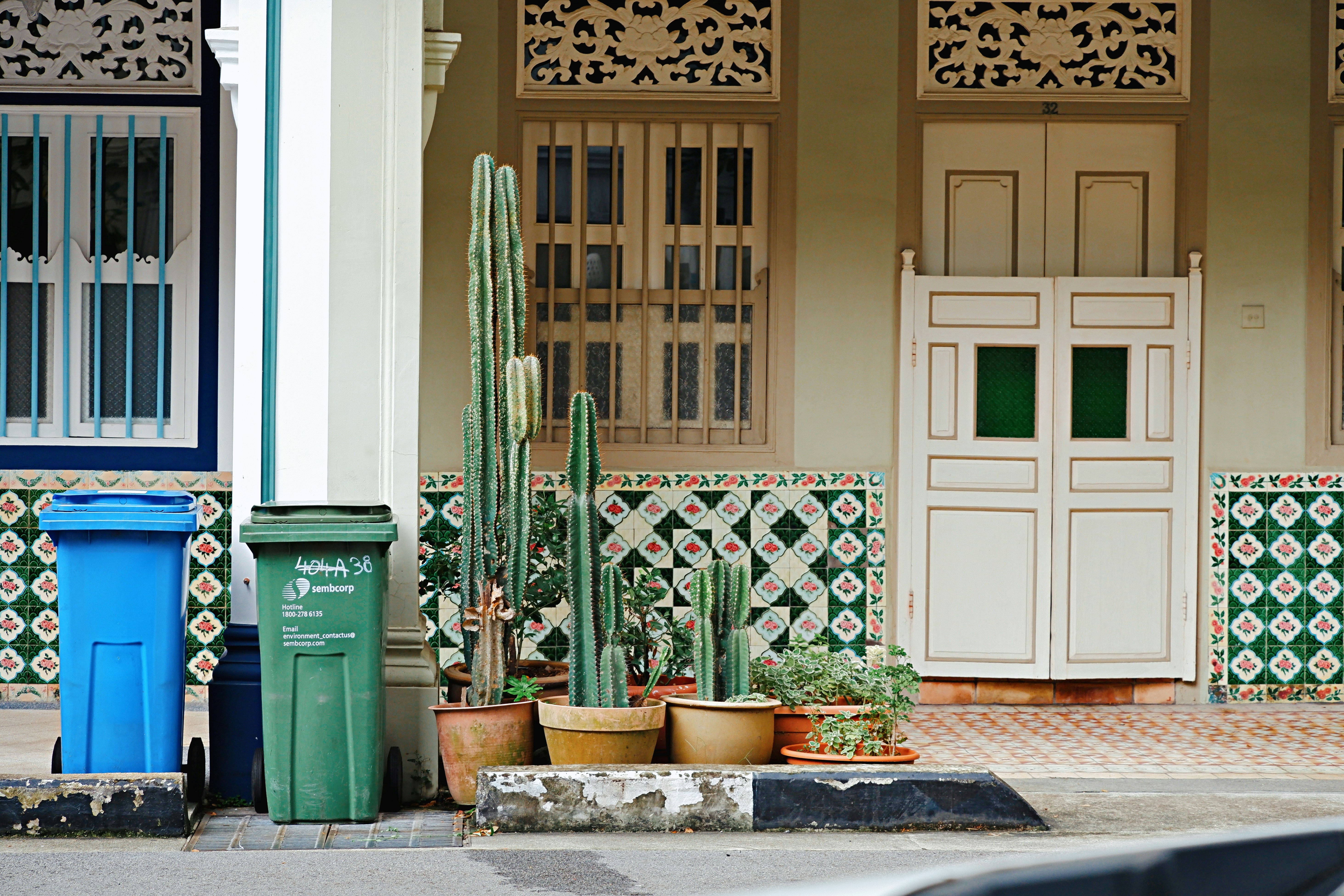 Cucumber-green Pots and Ornate Facade by the Curb