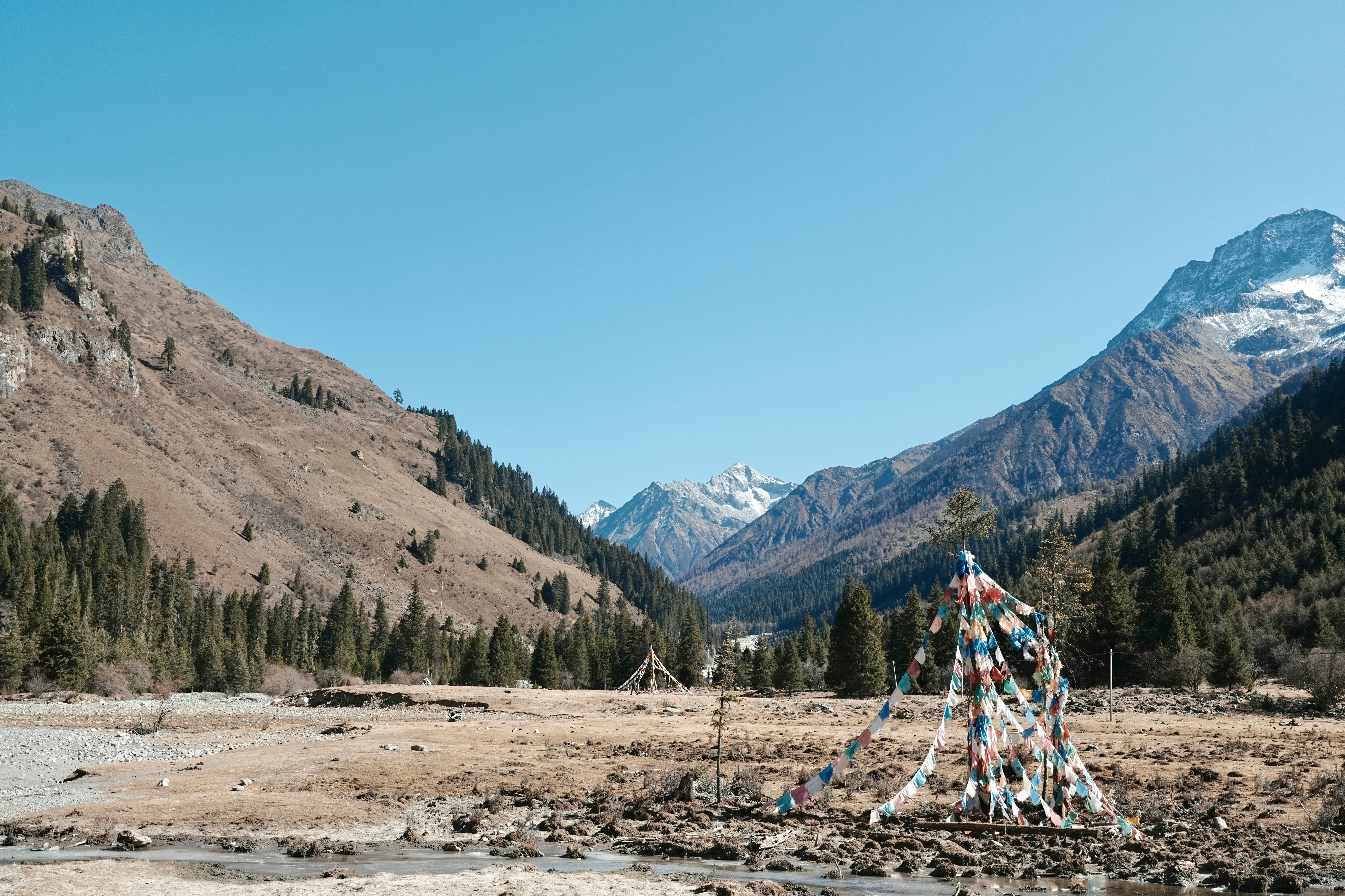 Prayer flags and distant peaks: a quiet high-mountain clearing