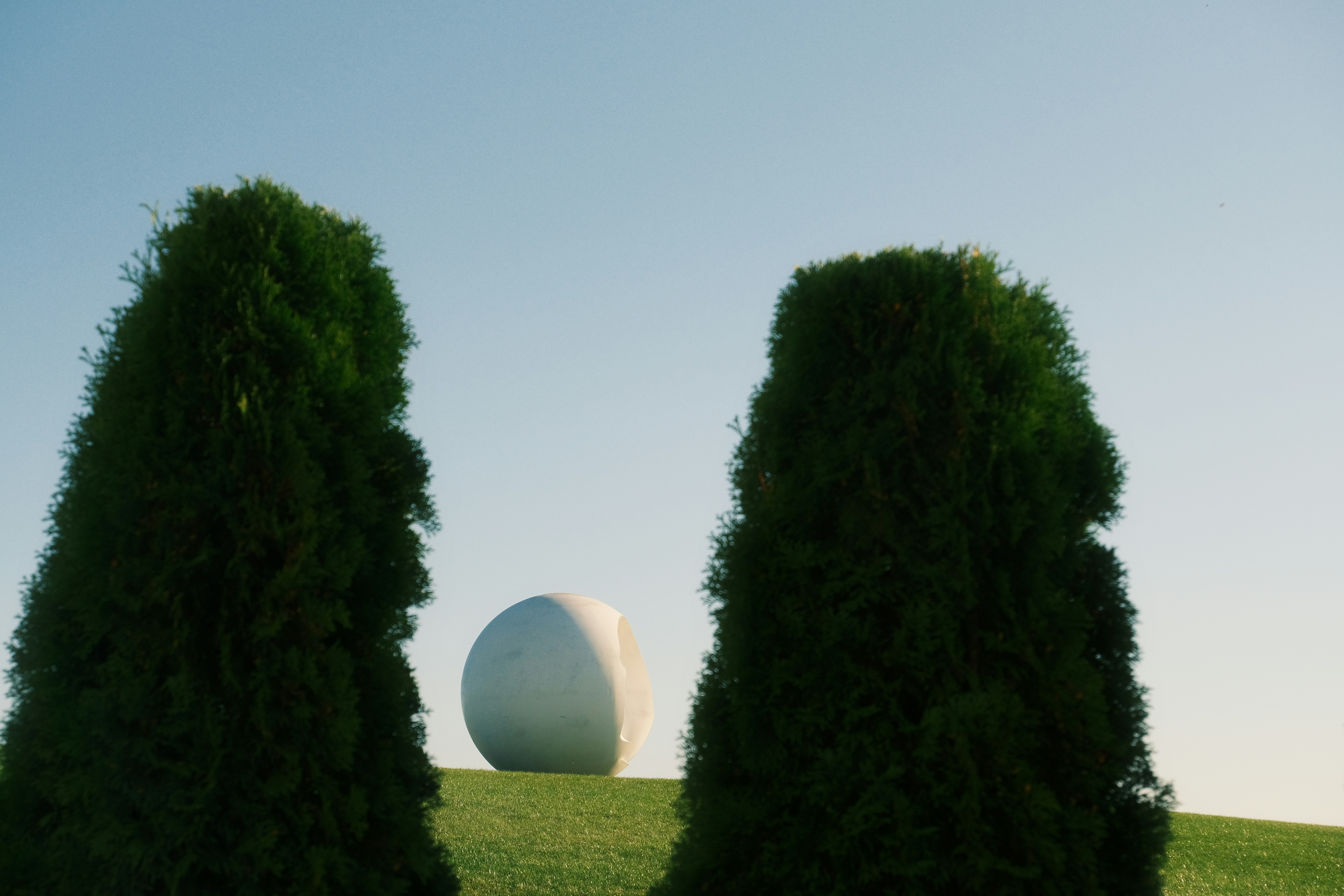 Spherical sculpture resting on a hill framed by two tall evergreens