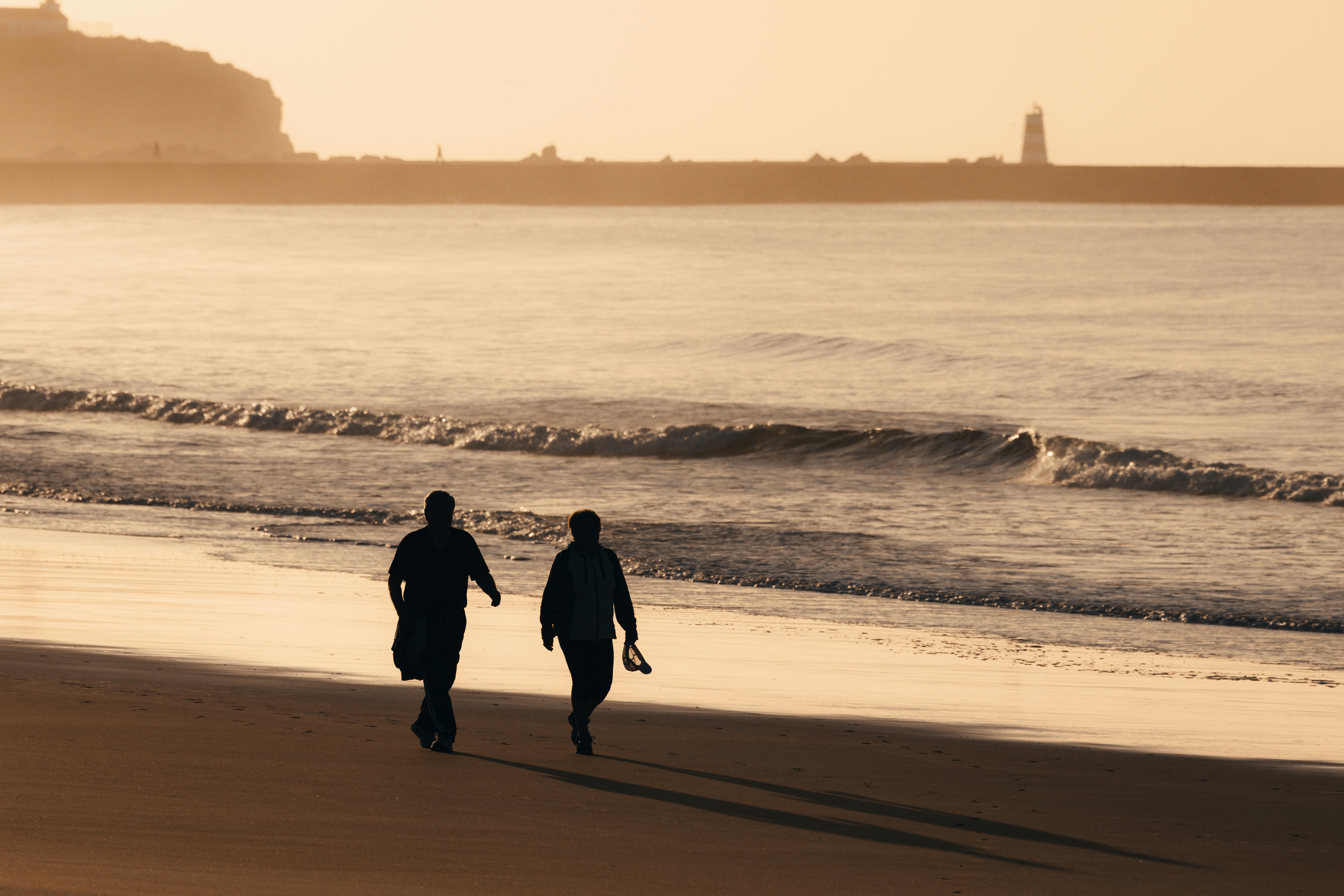 Twin silhouettes stride along a sunlit shoreline at dusk