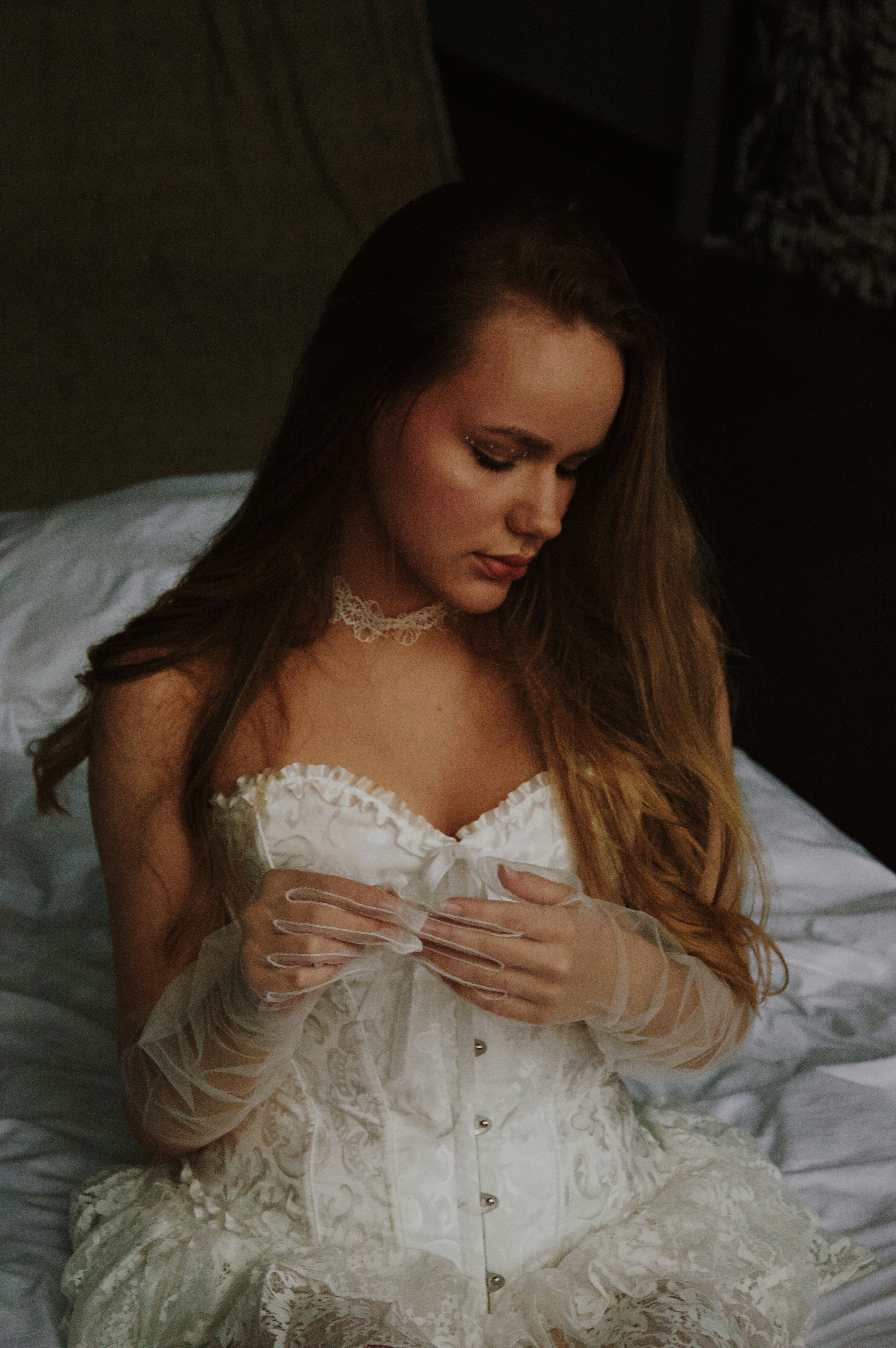 Veiled Bride in Soft Light, Adorned in Lace Satin