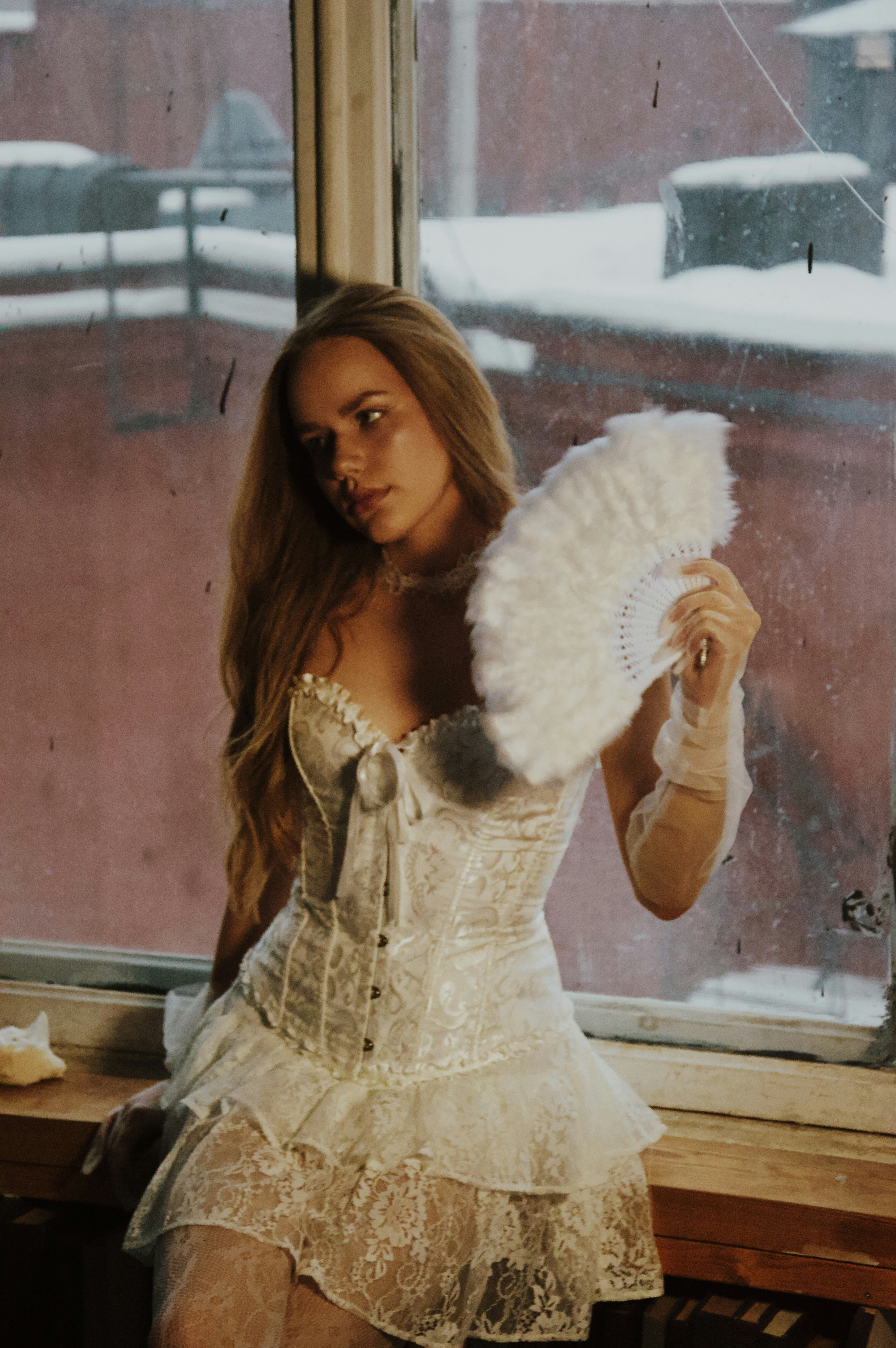 Lace and Light: A Velvet Portrait by the Window