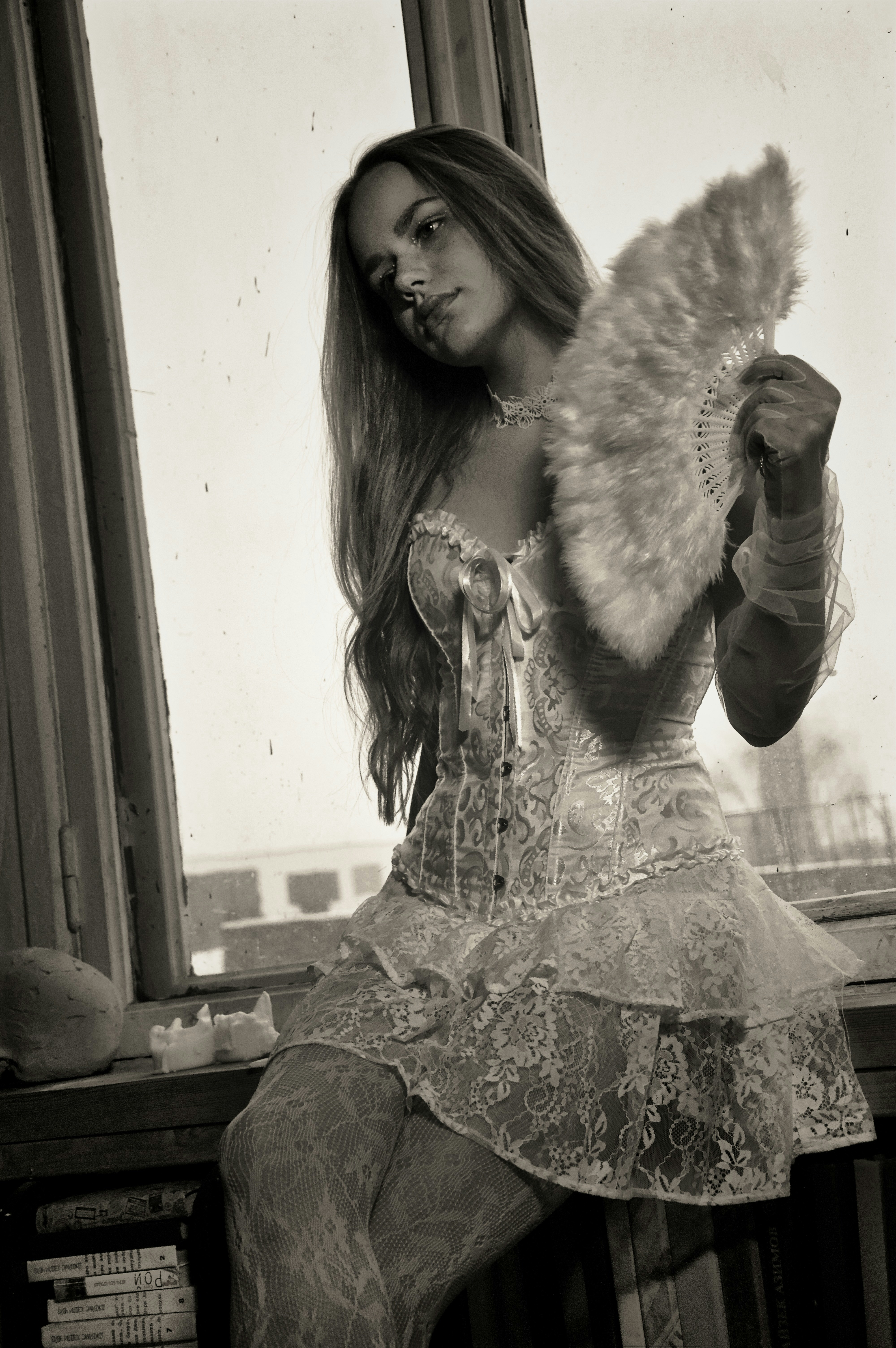 Veiled Portrait by the Window with Feathered Fan